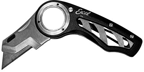 Excel Blades Revo Folding Pocket Utility Knife - Aluminum Body Heavy Duty Box Cutter with Holster, Anti-Slip Finger Loop Design Grip, Quick Change Blades and 3 Lock Positions Design, Black