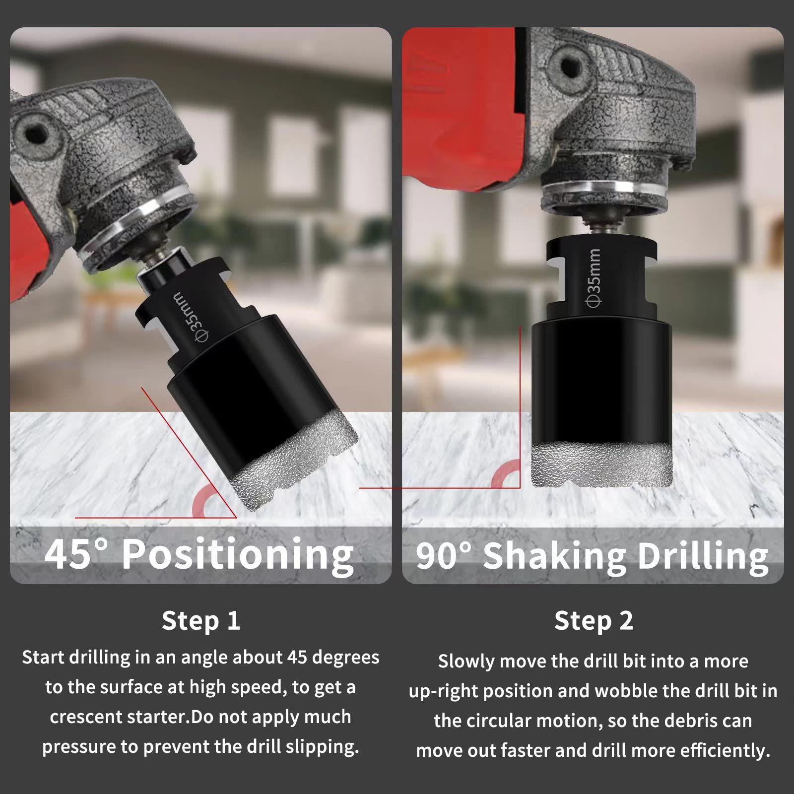 Dry Diamond Core Drill Bits 1-3/8 Inch (35mm) Tile Hole Saws for Porcelain Ceramic Tile Marble Brick Vacuum Brazed Hole Saw with 5/8-11 Thread and 3/8 Inch Hex Shank Adapter