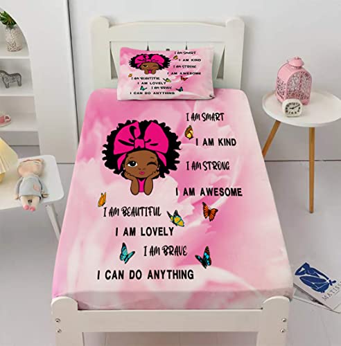 Gusuhome Black Girl Magic Bedding Sets Twin Size African American Girl Fitted Sheet Set Cute Little Afro Black Princess Bed Sheet Set for Girl Bedroom Room Decor (1 Fitted Sheet + 1 Pillowcases) Pink