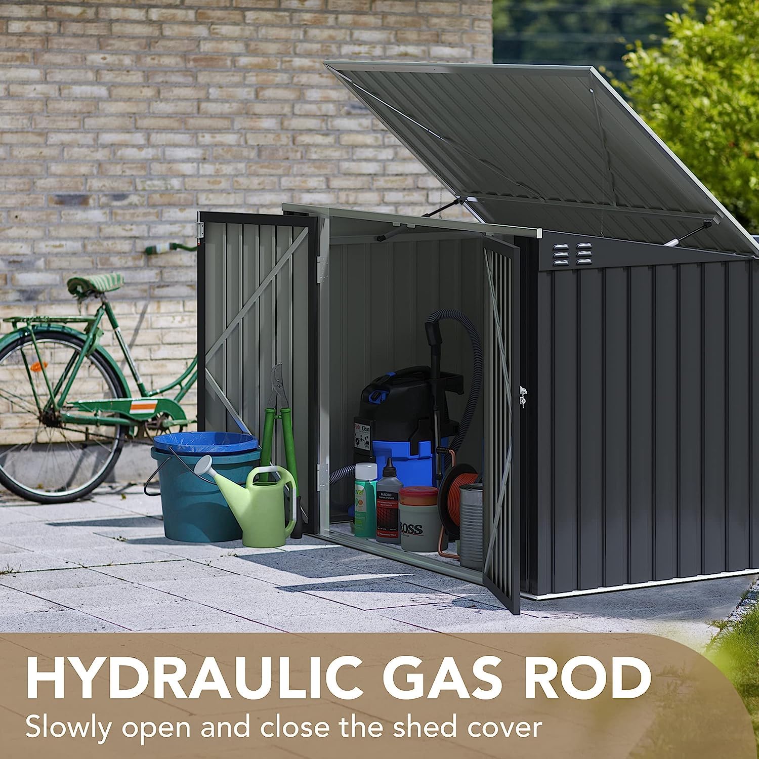 Devoko Outdoor Storage Shed 5.8 x 3.3 FT Metal Trash Shed Waterproof Outside Storage with Lid Chain Hydraulic Gas Rod for Trash Can Weeding Tools