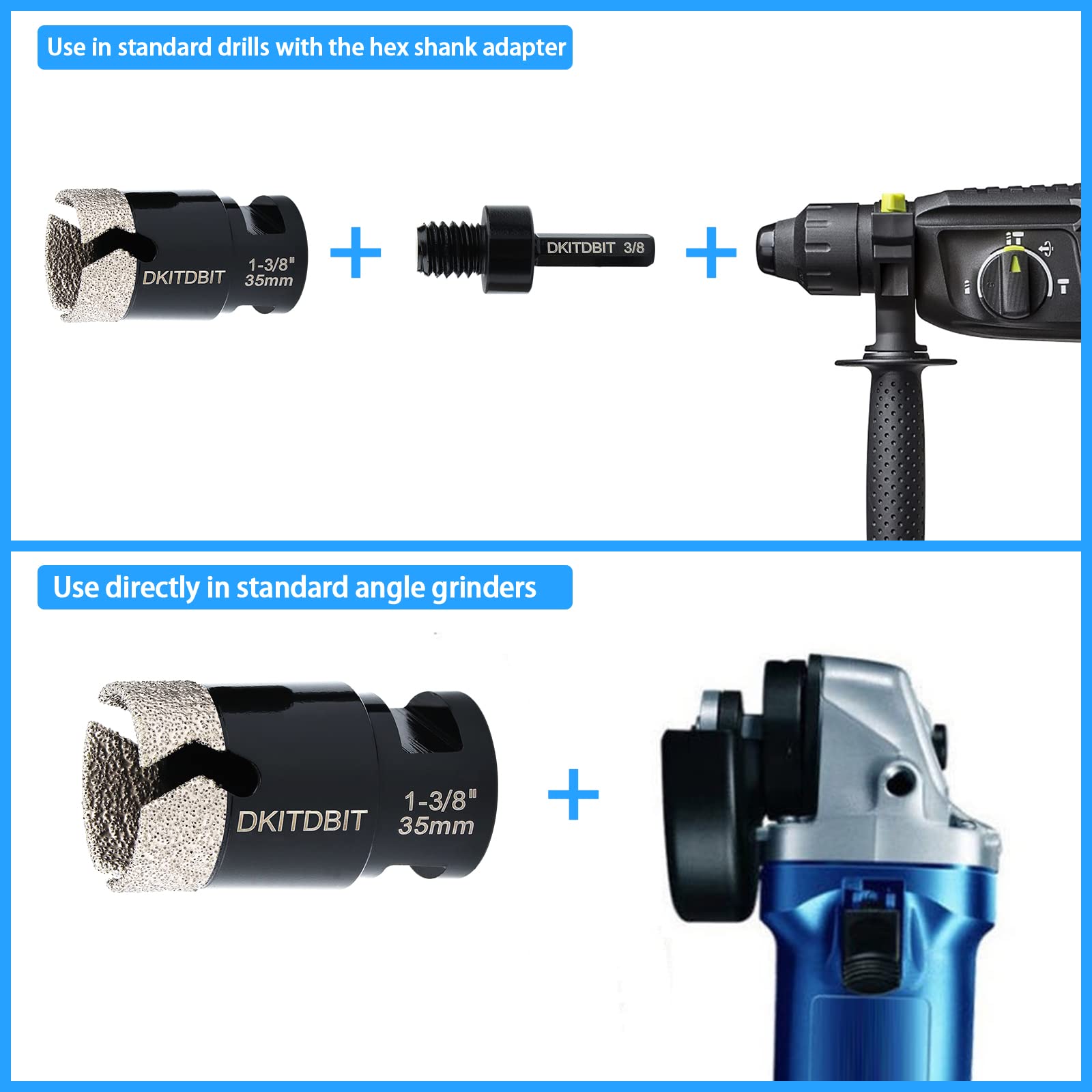 Dry Diamond Core Drill Bits 1-1/2”, 38mm Diamond Hole Saws for Porcelain Granite Tiles Brick Concrete Work with Angle Grinders & Electric Drills
