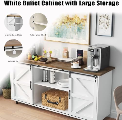 Farmhouse Coffee Bar Cabinet, 58β Kitchen Sideboard Buffet Cabinet with Storage, White Coffee Bar Table with Sliding Barn Door for Dinning Living Room