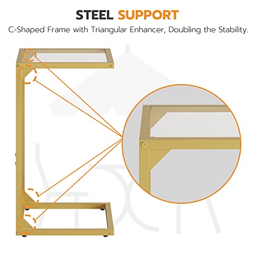 HOOBRO C-Shaped End Table, Tempered Glass Couch Table with Metal Frame, Narrow Snack Side Table for Small Space, Living Room, Bedroom, Modern and Simple, Gold GD04SF01