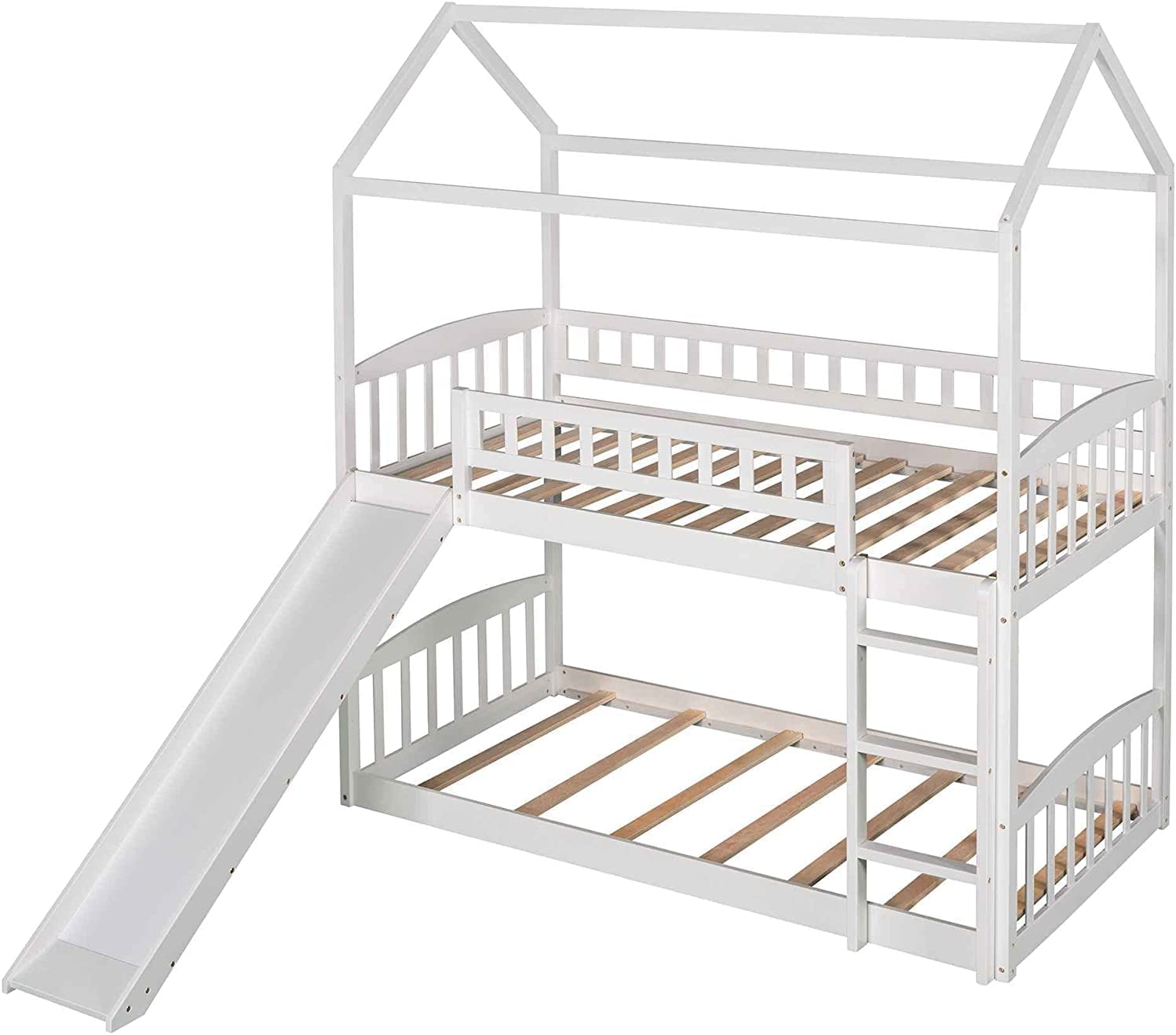 DNYN Twin Size Loft Bed with Slide for Kids Bedroom,Twin-Over-Twin House Shaped Bunkbeds w/Safety Guardrails & Roof Design,Easy Assemble & No Box Spring Need & Space Saving Design, White