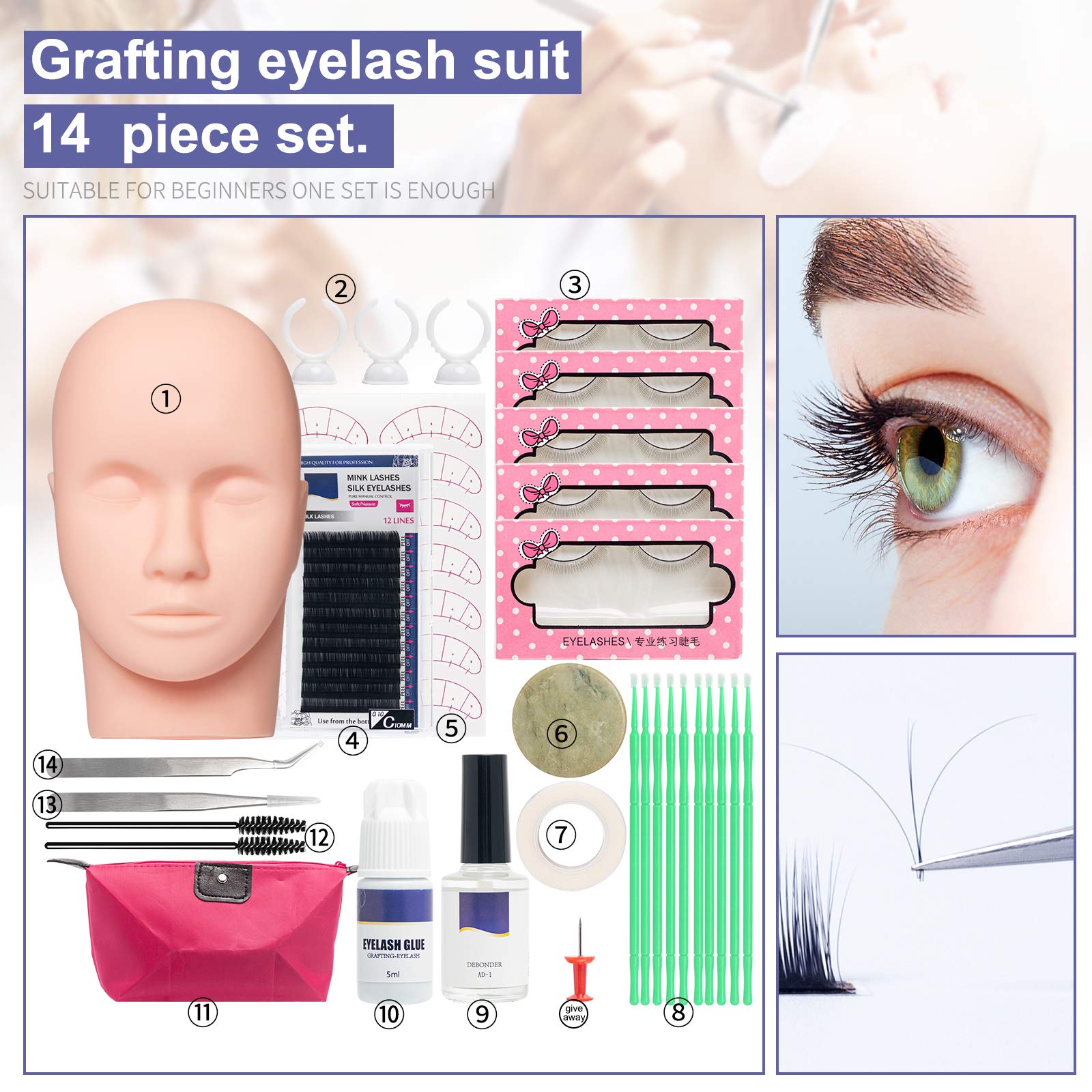 Buqikma 14PCS Lash Extension Kit with Glue Professional False Eyelashes Extension Kit Practice Exercise Glue Tool with Makeup Mannequin Head Extension Starter Kit for Makeup Practice and Graft (14PCS)