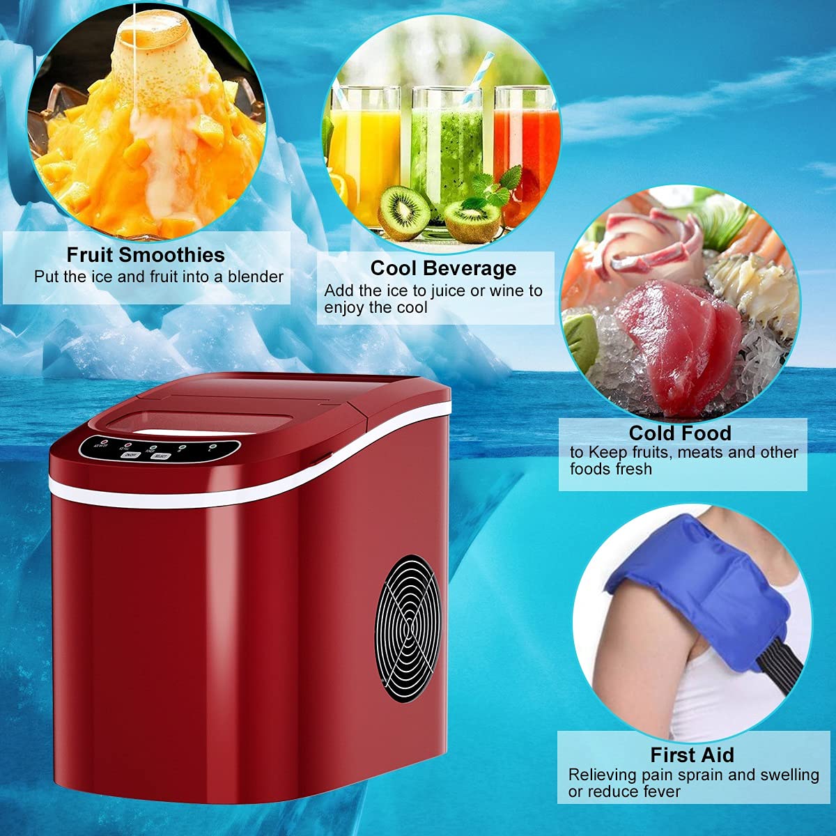 MAT Expert Portable Countertop Ice Maker, 26LBS/24H Mini Ice Cube Machine w/6 Min Processing 9 Cubes, Control Panel, 2.2L Water Tank & 1.5lbs Ice Storage, Ice Scoop for Party Mixed Drinks (Red)