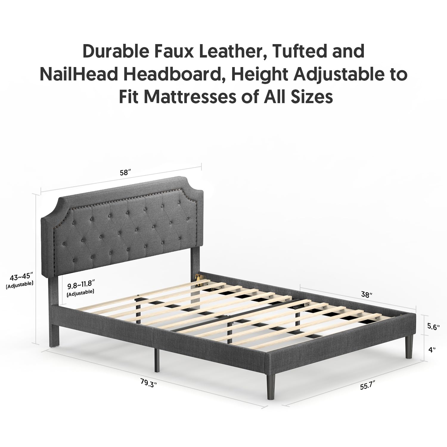 BONSOIR Full Size Bed Frame Upholstered Low Profile Traditional Platform with Tufted and Nail Headboard Linen Fabric Upholstery/Color of Sand (Sand, Full Size)