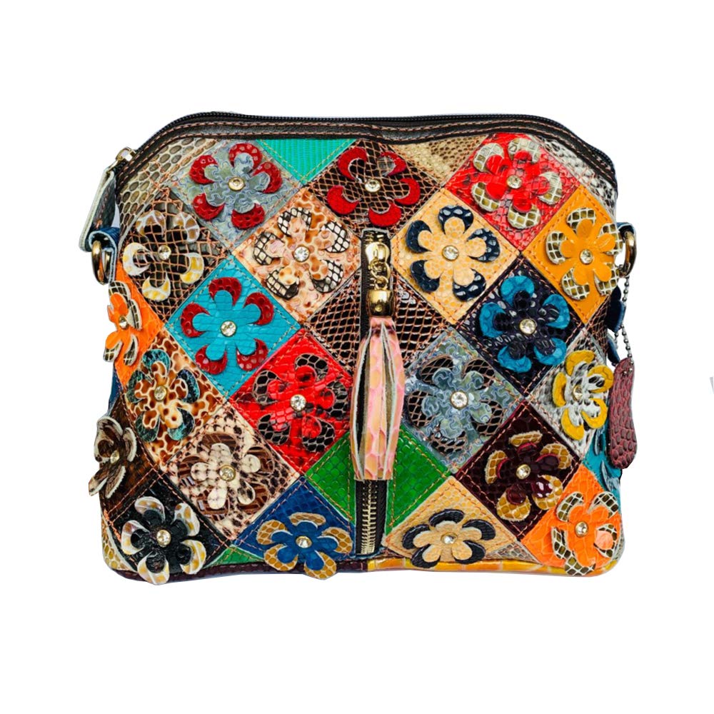 Segater® Women Multicolor Floral Crossbody Bag Cowhide Leather Handbag 3D Snake Pattern Shoulder Bag Travel Patchwork Satchel