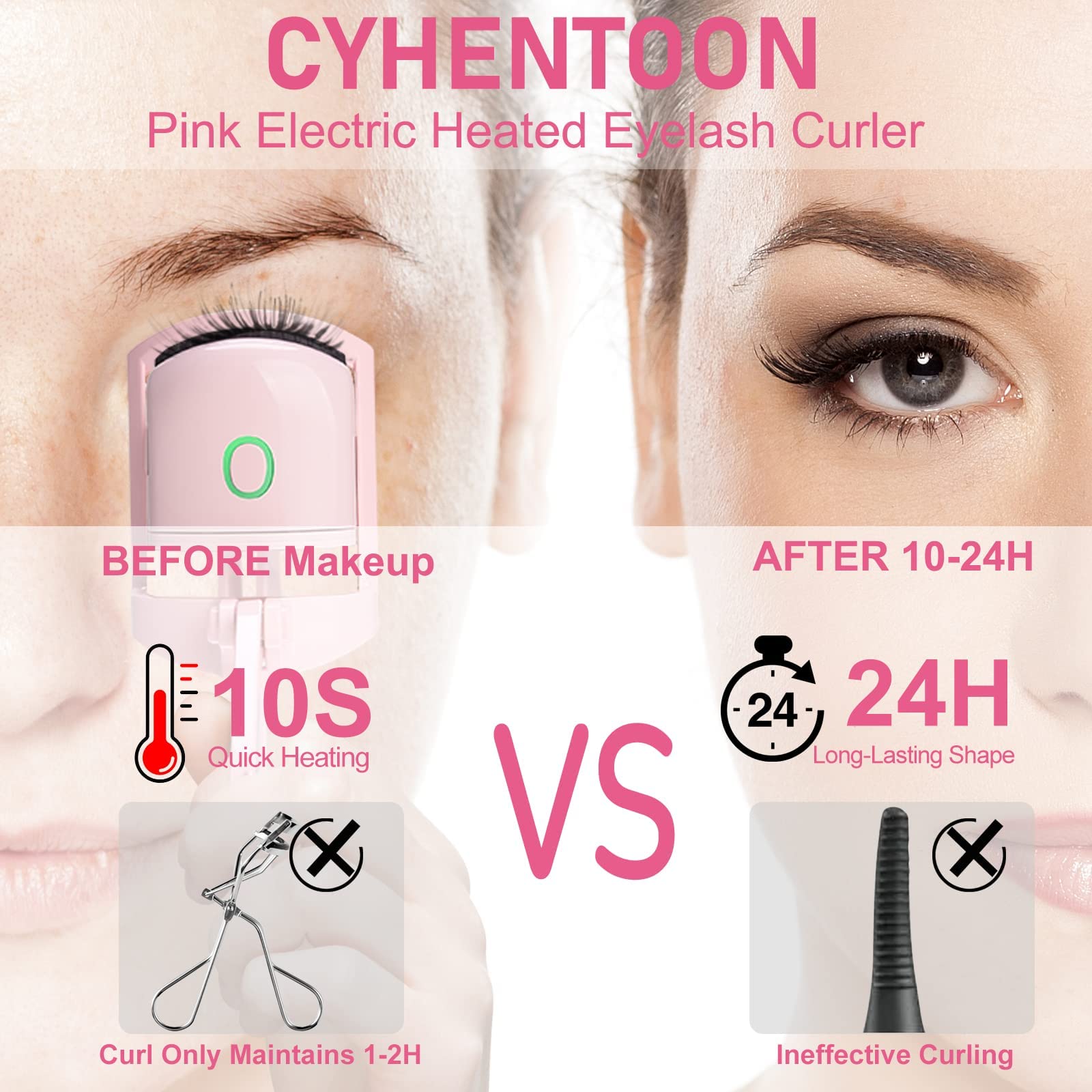Electric Heated Eyelash Curler - Eyelash Curlers with 2 Heating Modes,Eyelash Curlers Heated with USB Rechargeable, electrico Lashes Curling Quick Natural Long Lasting Lash Tool Eyelash Curler (Pink)
