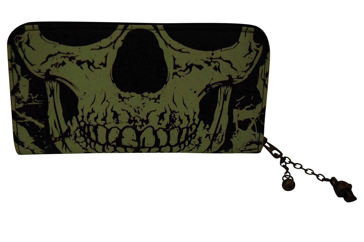 Lost Queen Gothic Death Skull Face Glow in the Dark Zip Around Wallet, Black, Large