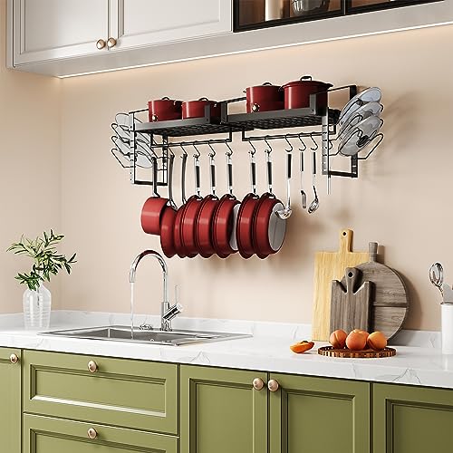 KINDEN 2 Pack 23 Inch Pot Rack Wall Mounted,Hanging Pot Organizer and Pans Lids Storage, Kitchen Cookware Hanging Shelves with 12 Hooks (Black)