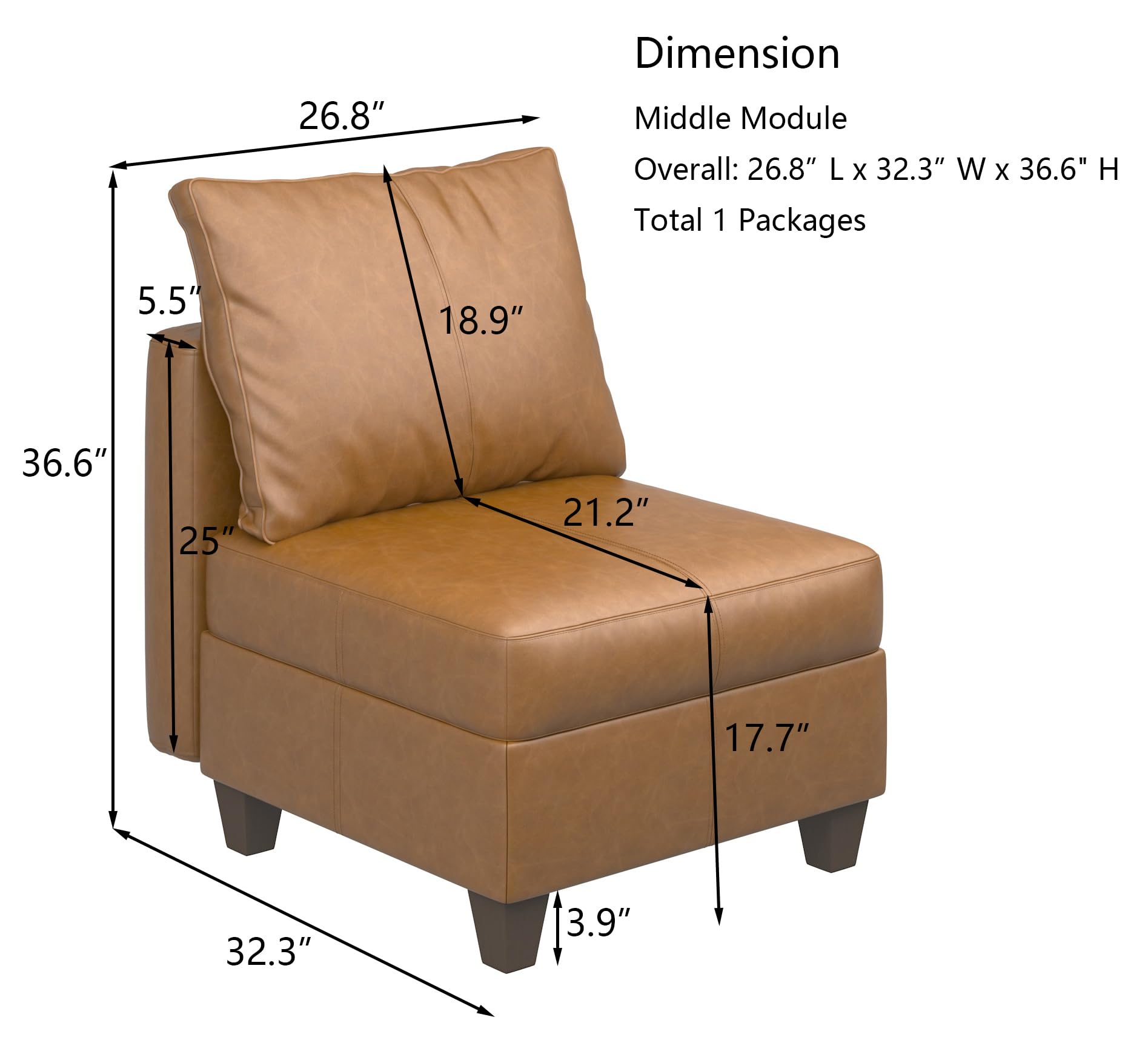 EASE MOOSE Middle Module Seat for Modular Sofa, Faux Leather Armless Chair Sectional Sofa Couch with Storage