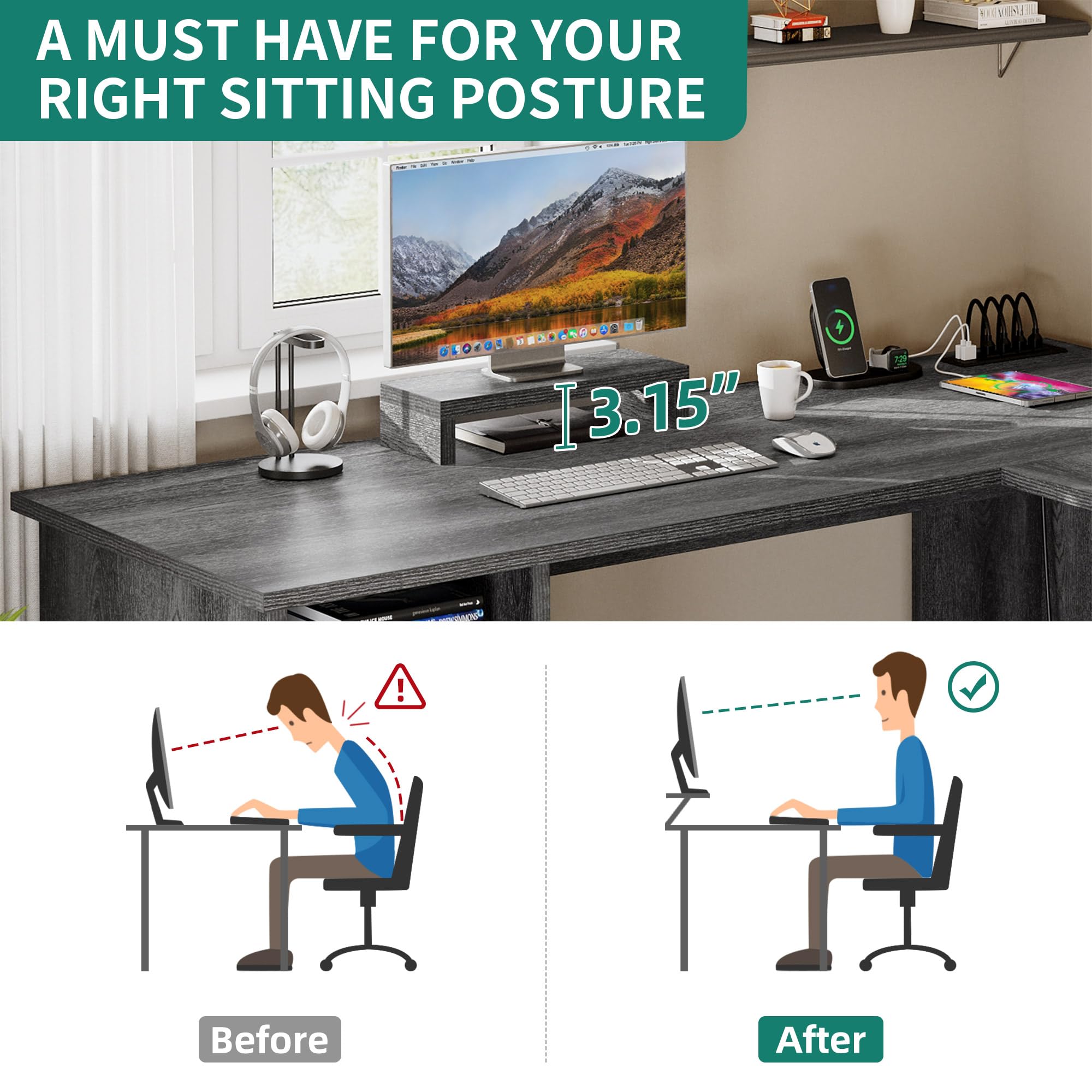 YITAHOME L Shaped Desk with Power Outlets, 60 Inch Computer Desk Corner Desk with File Drawer, Home office Desk with Monitor Stand & Storage Shelves, Large L-Shaped Office Desk with File Cabinet, Grey