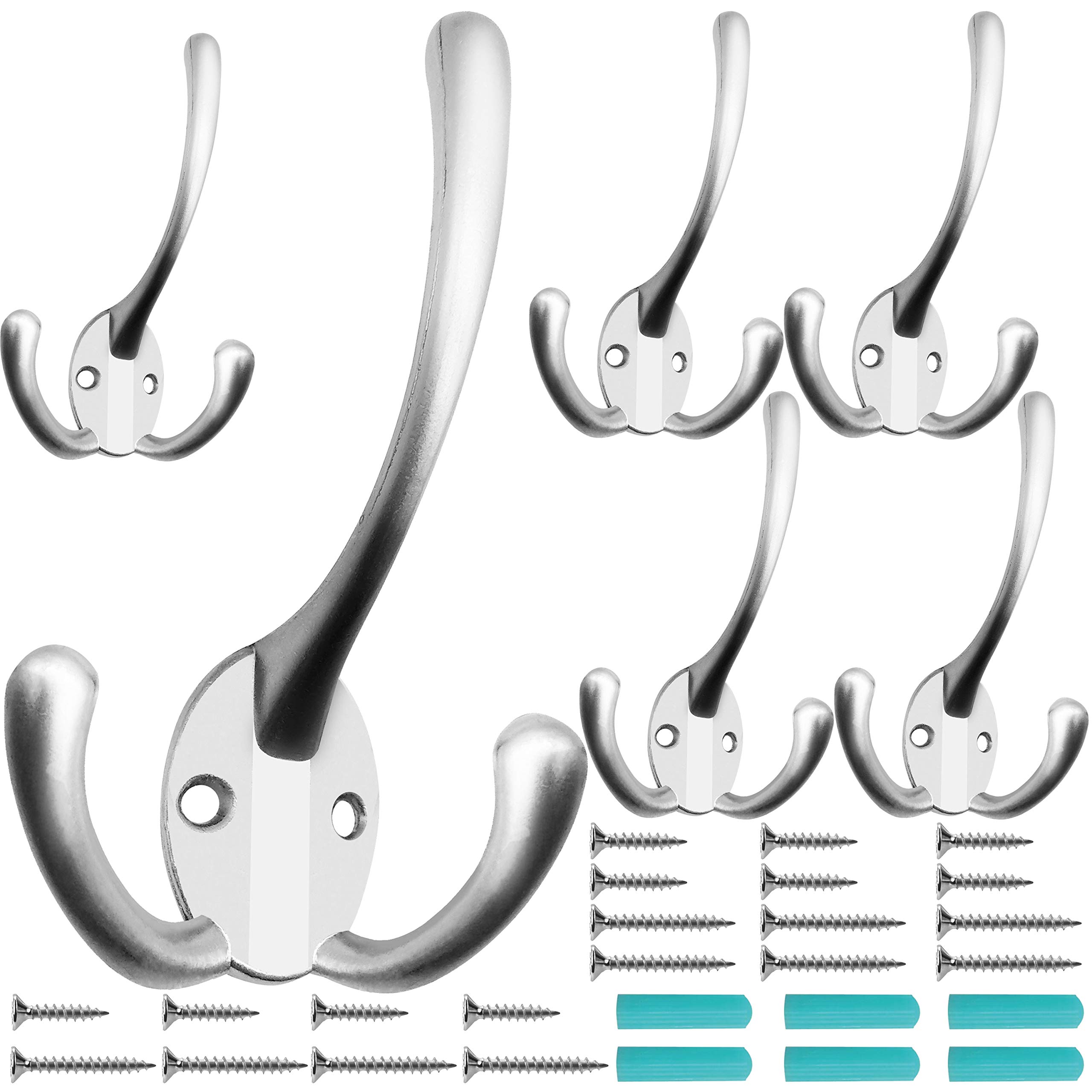 IBosins 6 Pack Big Heavy Duty Three Prongs Coat Hooks Wall Mounted with 24 Screws (Two Types of Screws Included) Retro Double Utility Rustic Hooks for Thick Coat, Big Heavy Bags (Matte Nickel)