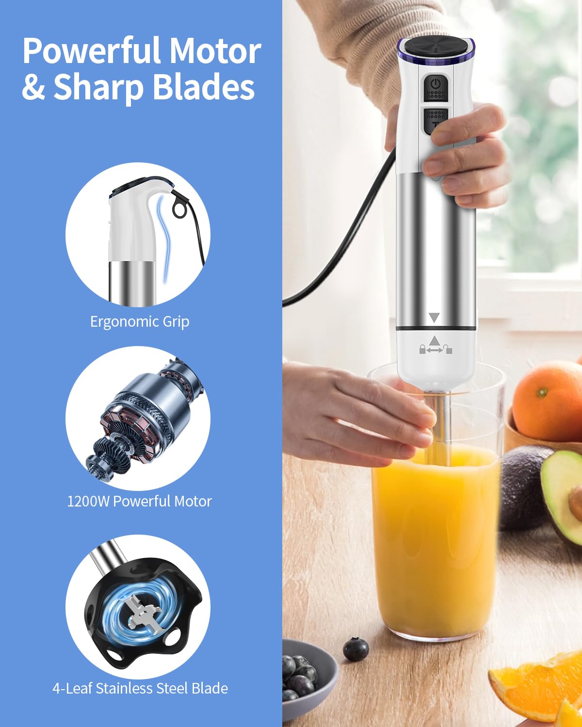Electric Immersion Blender Handheld 1200W, 5-in-1 Hand Blender Mixer for Kitchen with 20-Speed & Turbo Boost, 600ml Chopper, 800ml Beaker