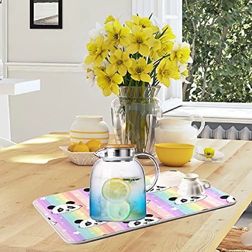 Cartoon Panda Rainbow Stripe Dish Drying Mat Counter Mats for Kitchen Dish Drainer Tray Heat Resistent Mat Terry Cloth Dish Drying Mat 18 x 24