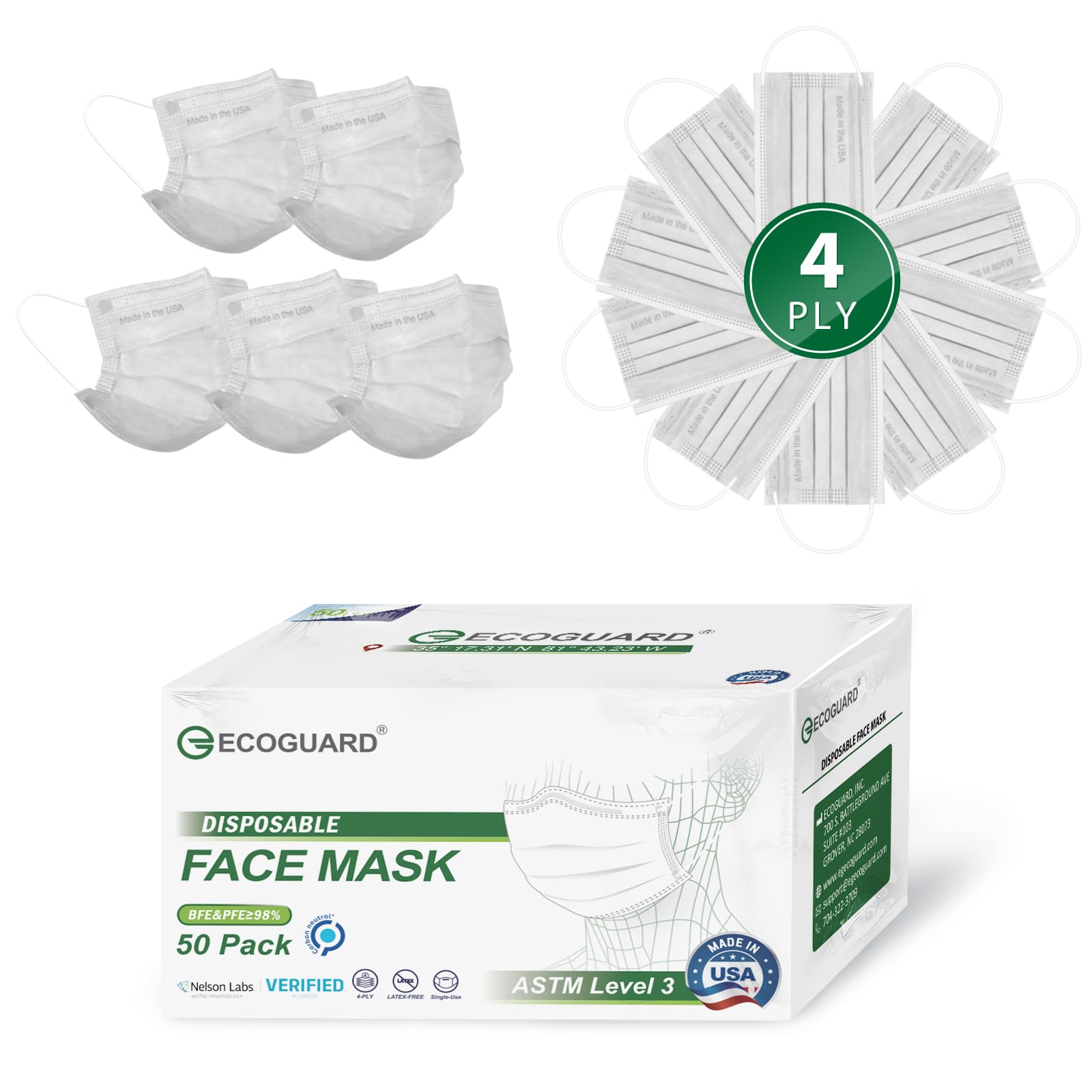 EG EcoGuard Face Masks Made in USA - Multicolor Disposable Mask for Adults Community - 4 Ply ASTM Level 3 with Elastic Earloop & Adjustable Nose Wire Breathable - FSA & HSA Eligible - 5 Color 50 Count