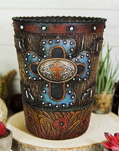 Ebros Gift Rustic Western Old World Country Blue Cross with Concho and Nailheads in Faux Distressed Wood Finish with Floral Patterns (Dry Waste Basket Trash Bin)