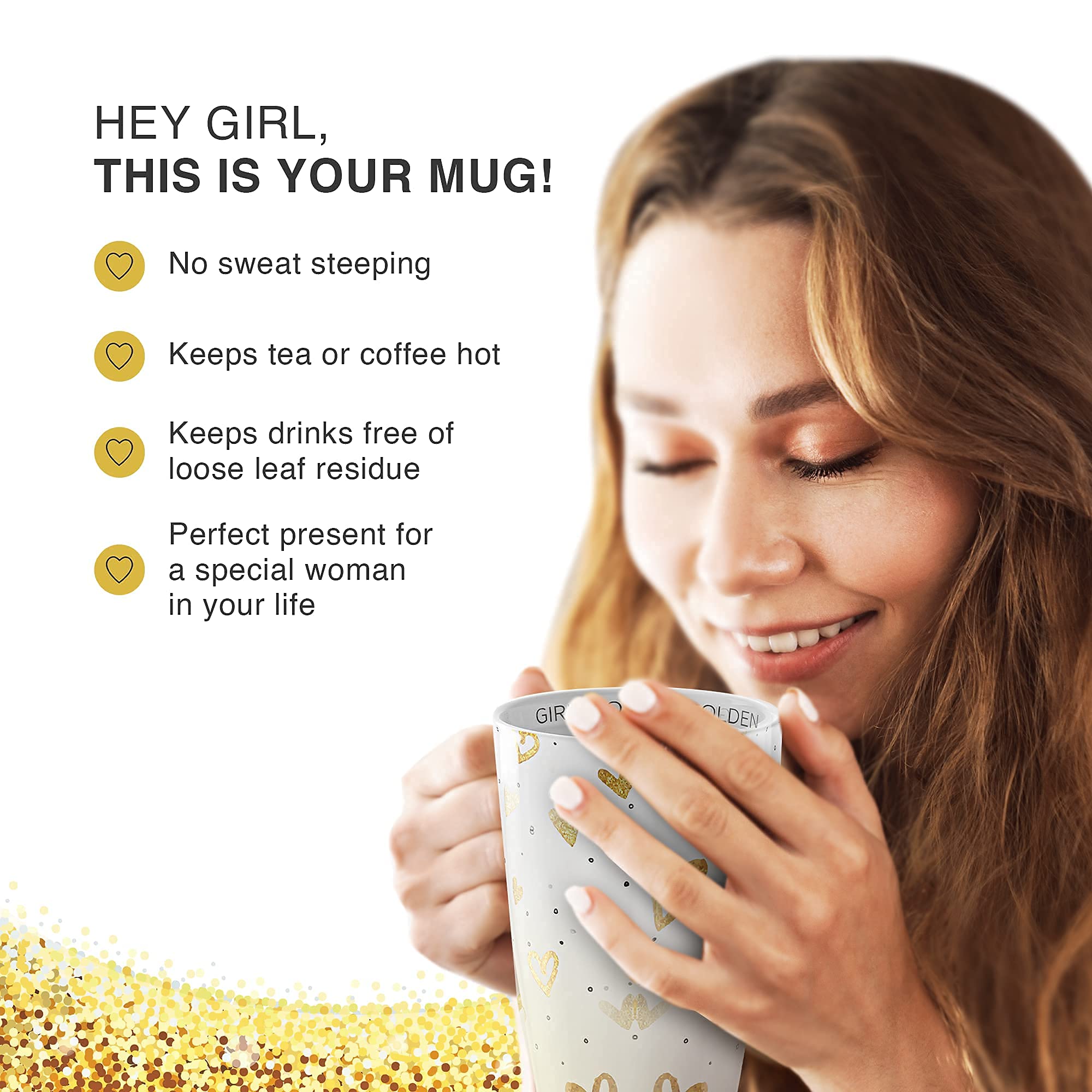 Hey Girl Tea Cup with Infuser and Lid - Double-Walled Insulation & Ceramic Outer Tea Infuser Mug - Fine-Mesh Strainer Basket - Gift-Inspired Packaging - 12 oz