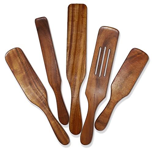 EVERQUEIN Spurtles Kitchen Tools Wooden 5pcs Cooking Utensils Set As Seen on Tv, Natural Premium Acacia Wood Spatula Slotted Spoon, Friendly for Non-Stick Cookware, Serving (Wood)