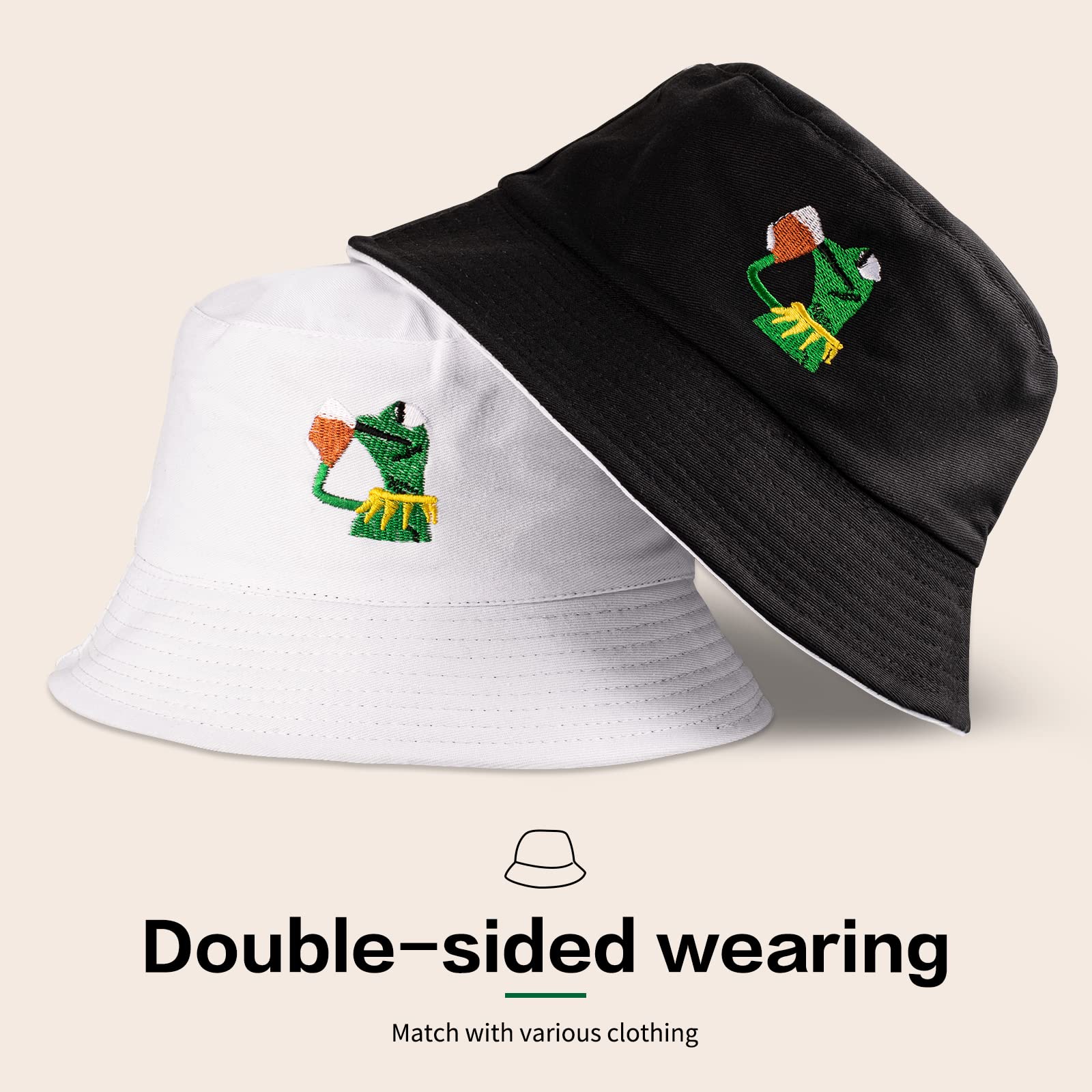 Bucket Hat for Women Men-kermit frog Embroidery Bucket Hat -Double Sided Wear Reversible Summer Sun Hat Black and White