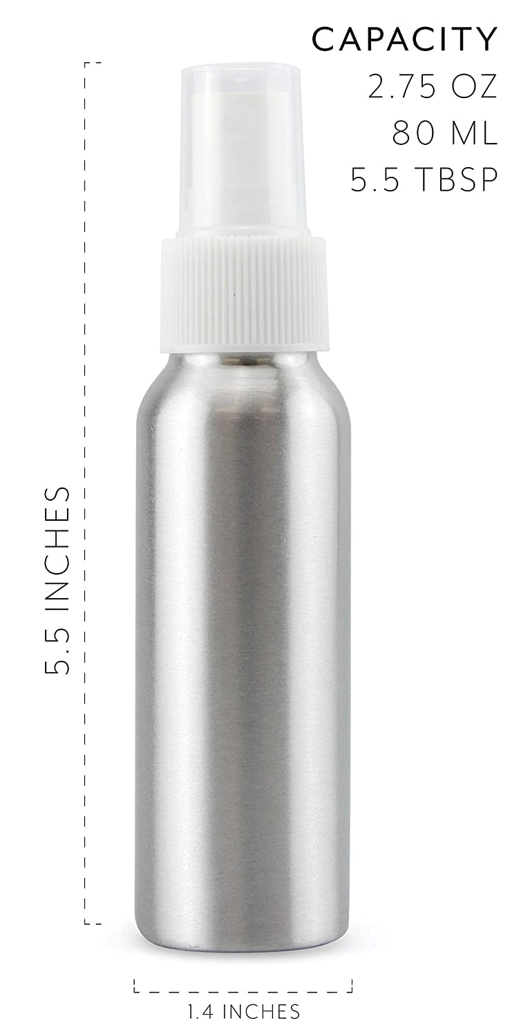 Cornucopia 2oz Aluminum Fine Mist Spray Bottles with Atomizer (6-Pack w/White Caps); Small Sprayers for Travel, Sterilization, Aromatherapy and Personal Care