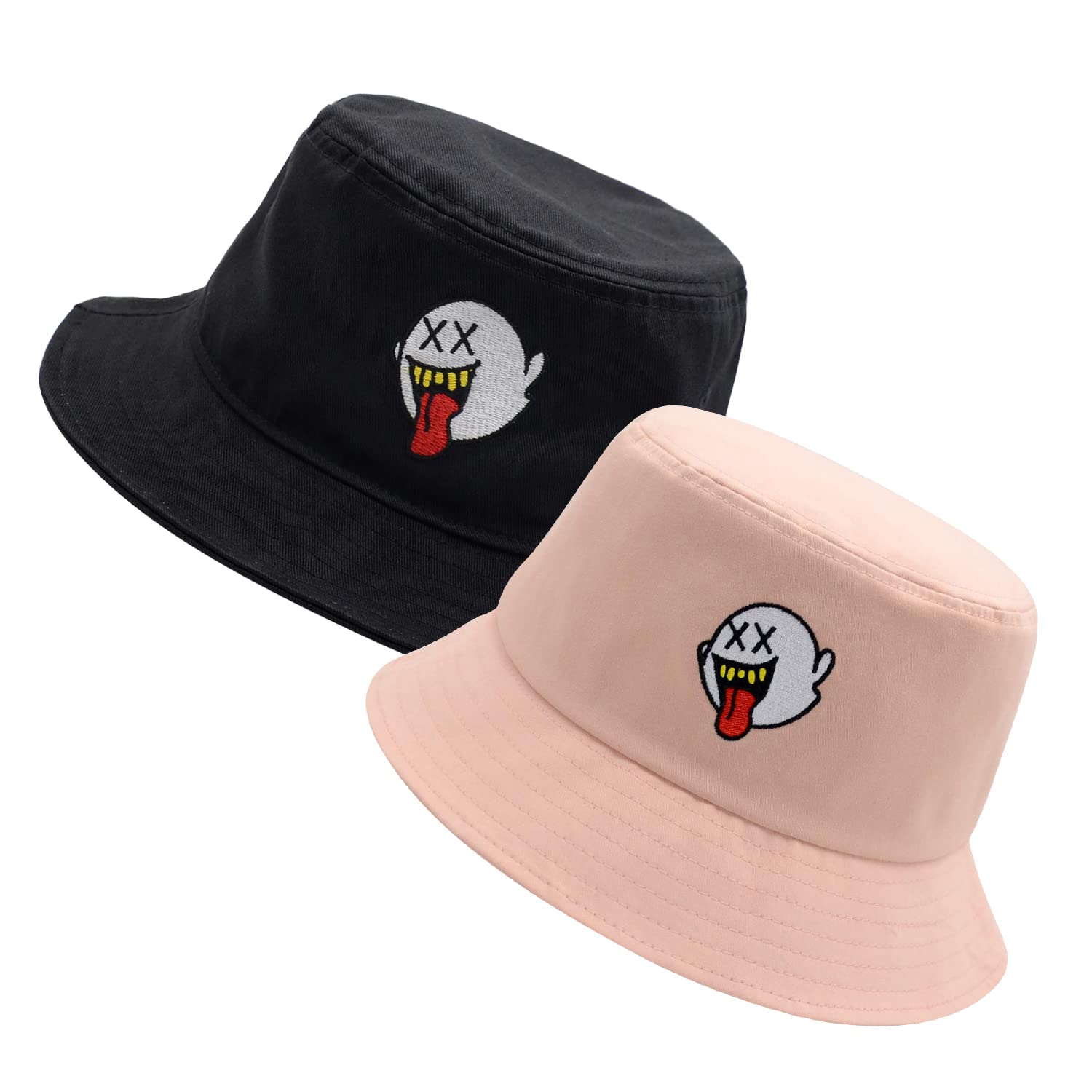Bucket Hat Unisex Distressed Boo 100% Cotton Cap Summer Travel Bucket Beach Sun Hat Cotton Embroidery Visor Outdoor Cap Black