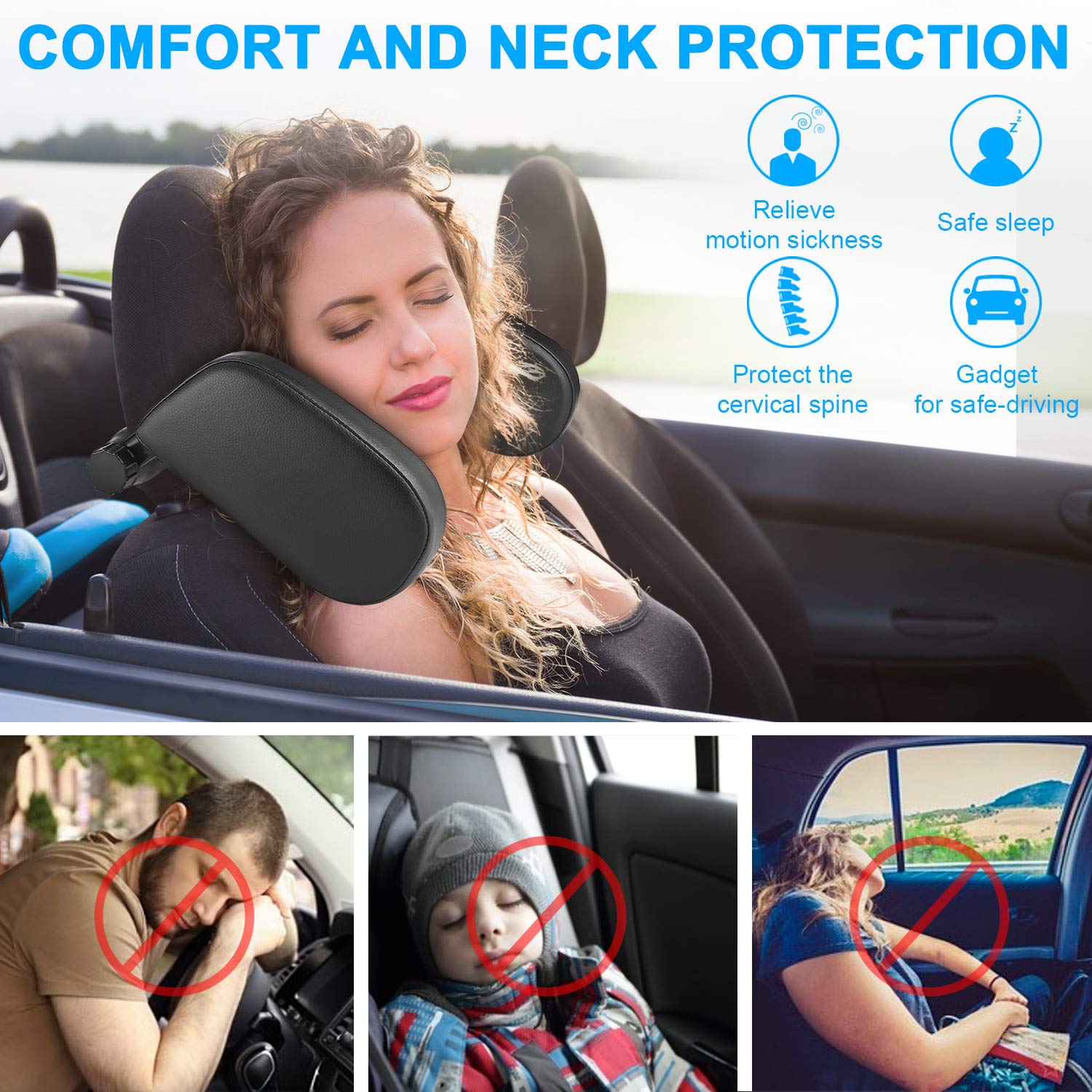 Car Headrest Pillow, Car Neck Pillow Head Pillow, Adjustable Both Sides U Shaped Travel Vehicle Seat Head Support Pillow for Kids Adults Elders Teenagers