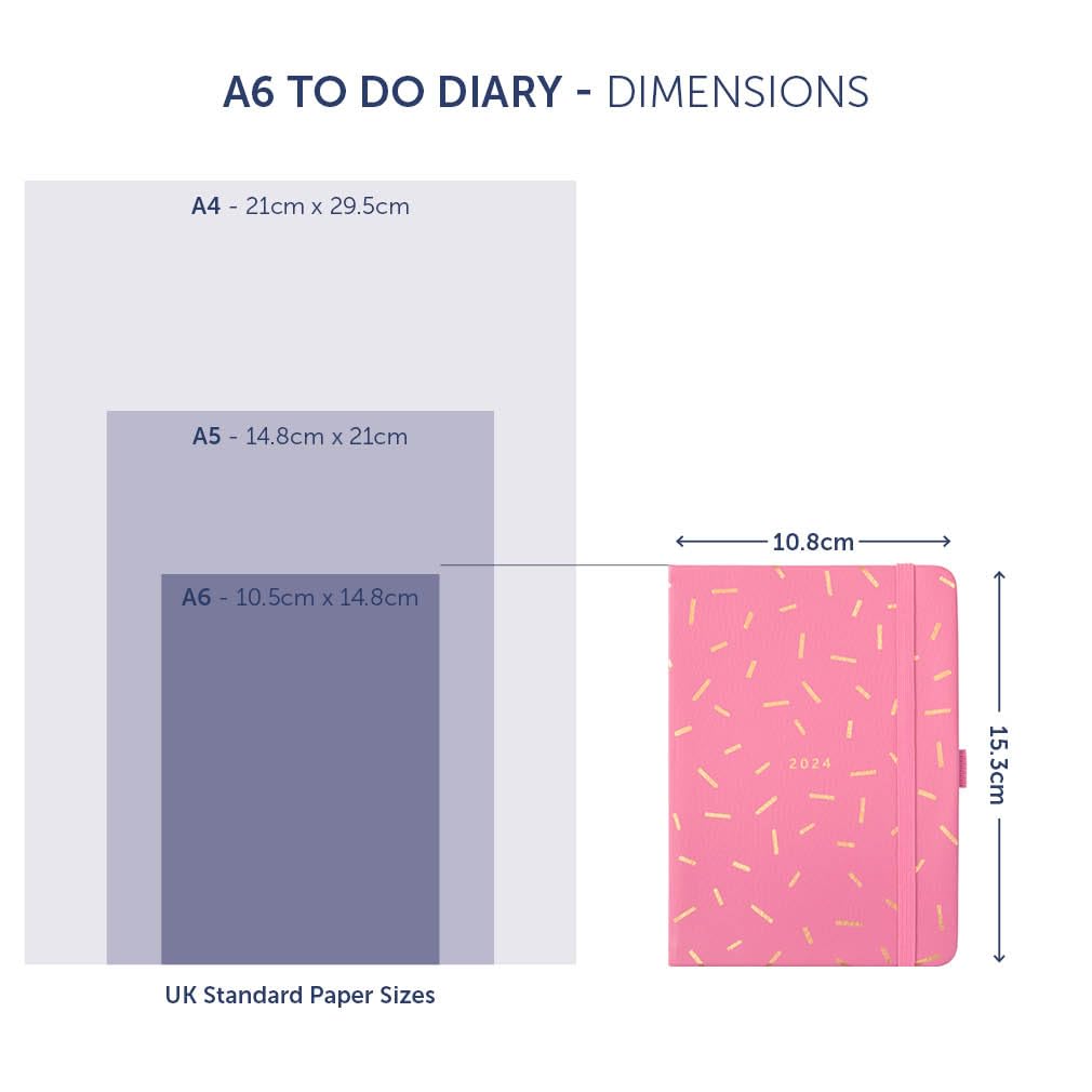 Busy B A6 To Do Diary January to December 2024 - Pink Sprinkle - Faux Leather Week to View Diary with Notes, Tear-Out Lists & Pockets