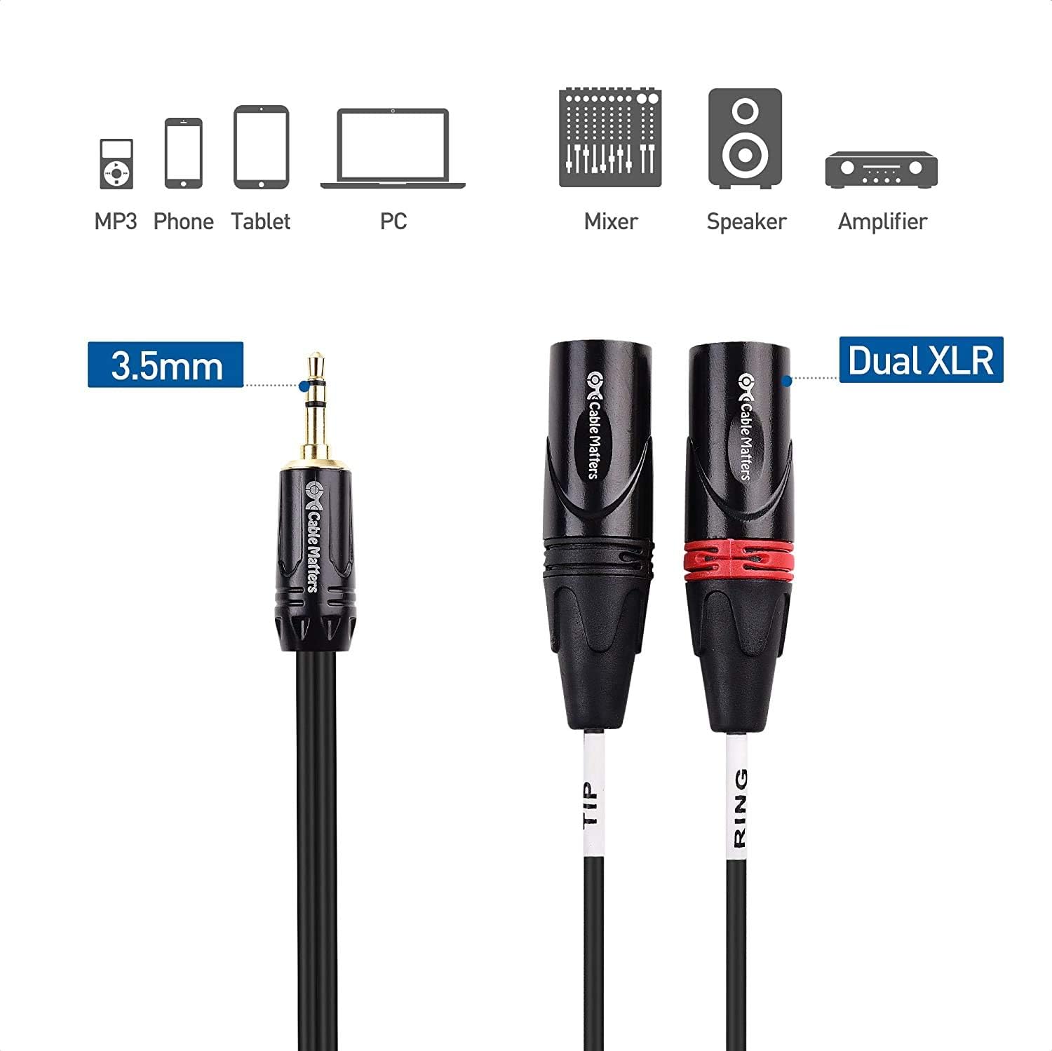 Senor Cable 3.5mm 1/8 Inch TRS to 2 XLR Cable, Male to Male Aux to Dual XLR Breakout Cable - (10 Feet)