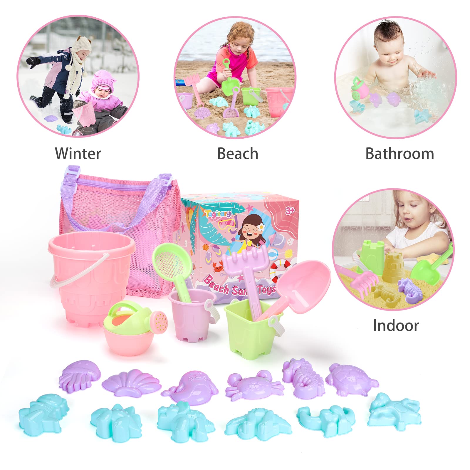 Tagitary Beach Sand Toys Set for Kids 3-10 with Bucket Watering Can Shovel Rake Sand Molds Beach Shell Bag