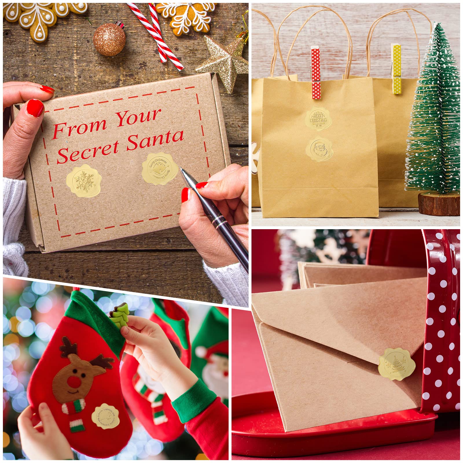 Gersoniel 480 Christmas Embossed Envelope Seals Stickers Wax Foil Seal Stickers Envelopes Self-Adhesive Seal for Greeting Card Wedding Party Decor(Funny Style,Gold)