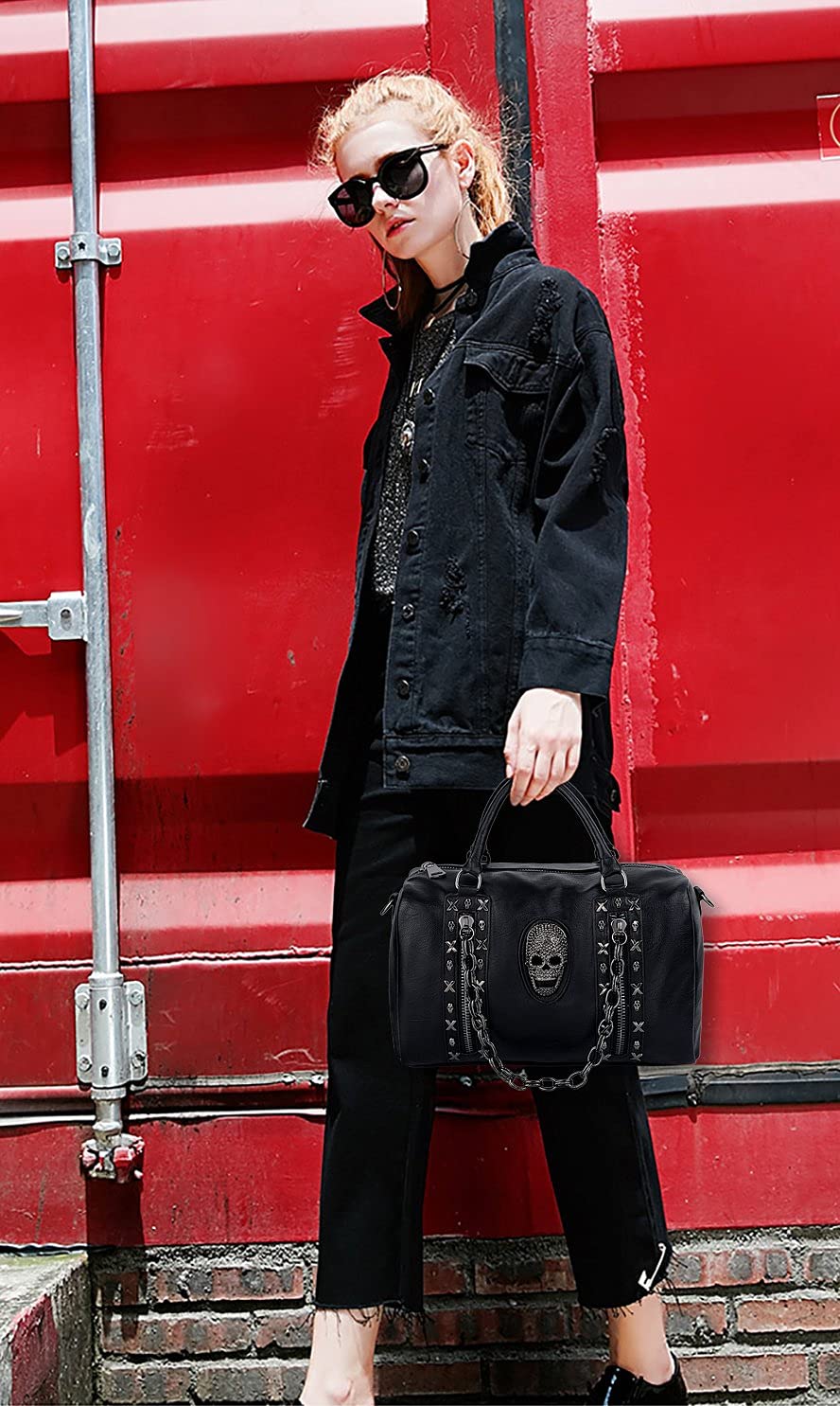 UTO Women Skull Tote Bag Rivet Studded Metal Chain Handbag PU Leather Purse Shoulder Bags 513A