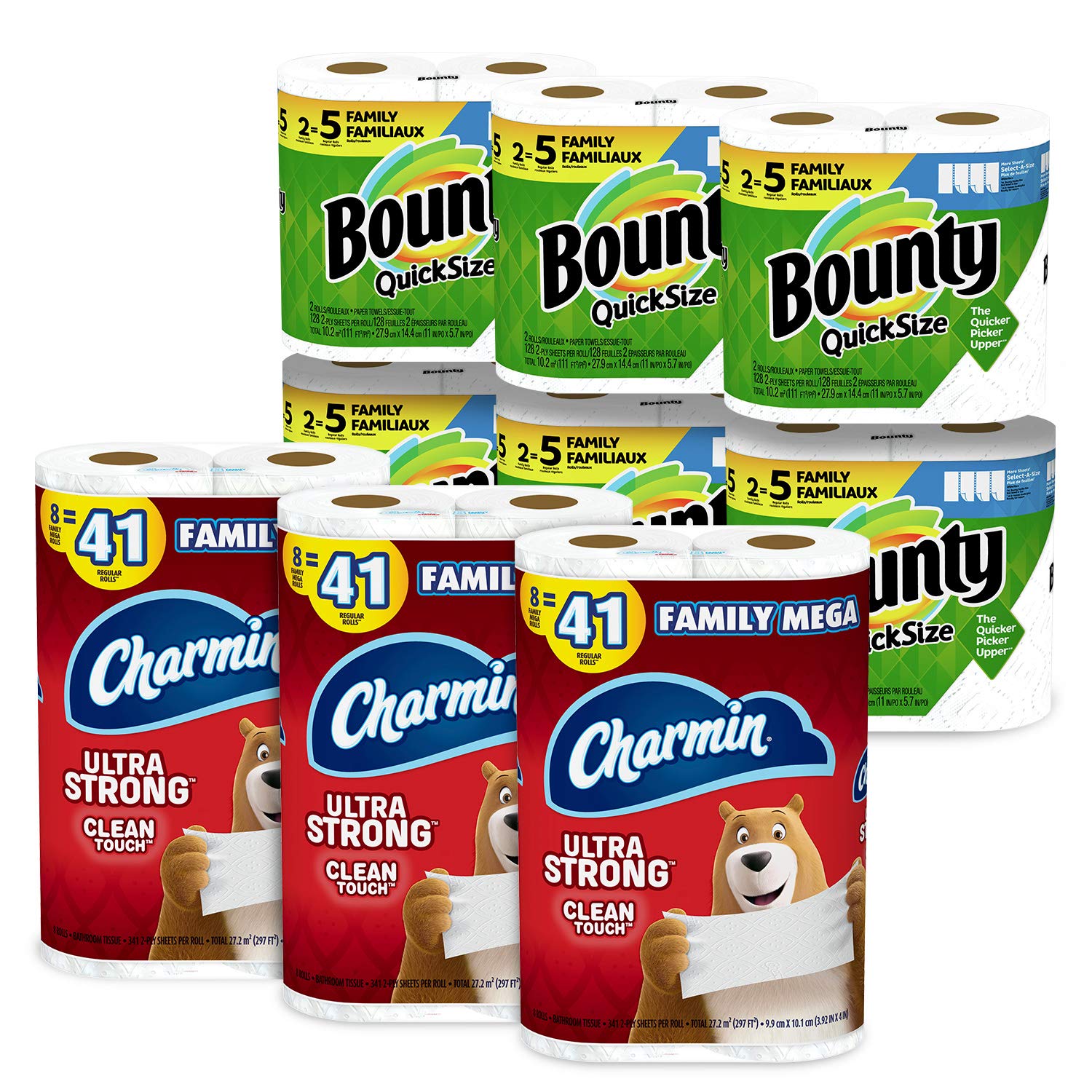 Charmin Ultra Strong Clean Touch Toilet Paper, 24 Family Mega Rolls and Bounty Quick-Size Paper Towels,12 Family Rolls, Bundle (Packaging May Vary)
