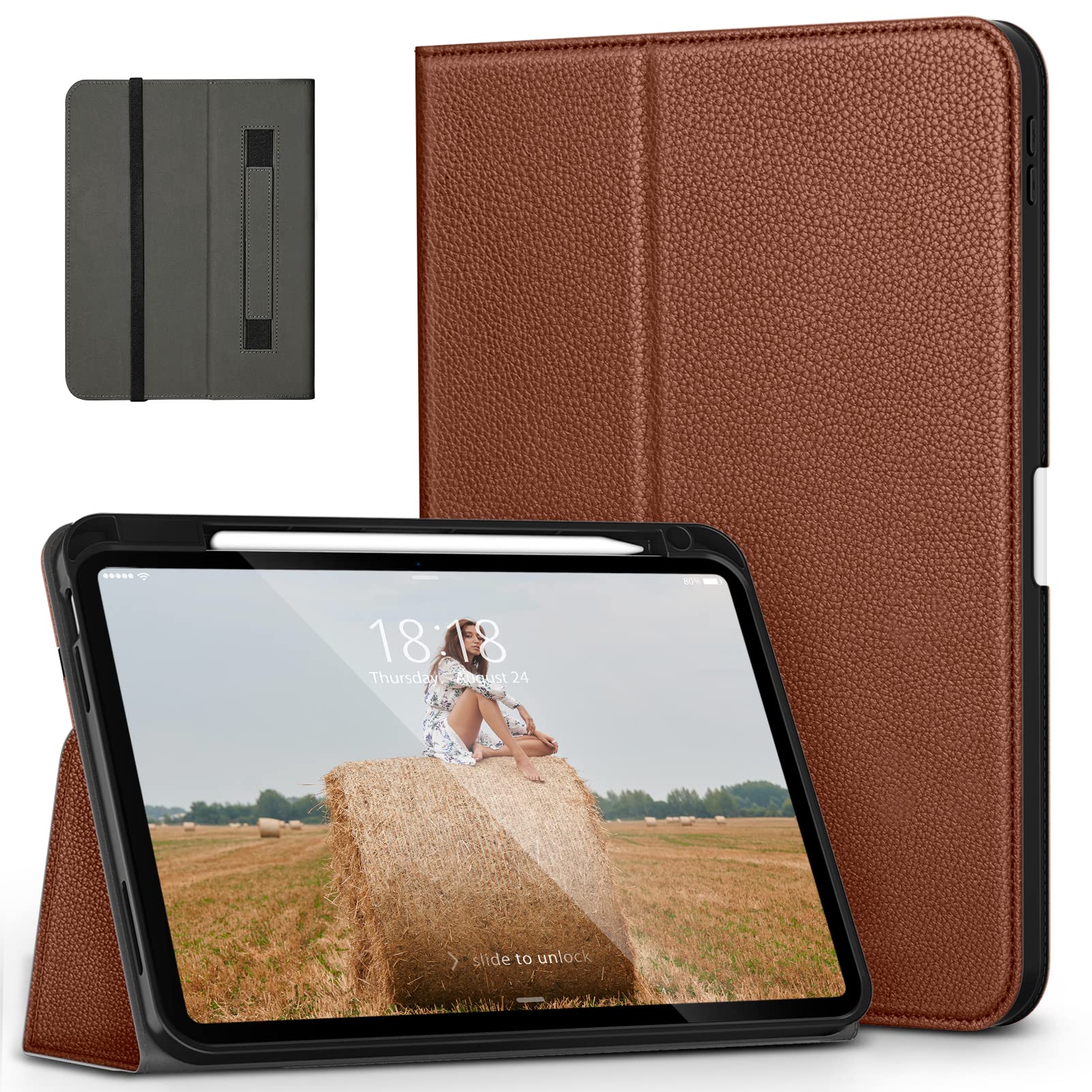 DTTO Folio Case for iPad 10th Generation - [Built-in Pencil Holder] Premium Vegan Leather Stand Folding Cover for iPad 10.9 Inch 2022, Auto Wake/Sleep, Brown