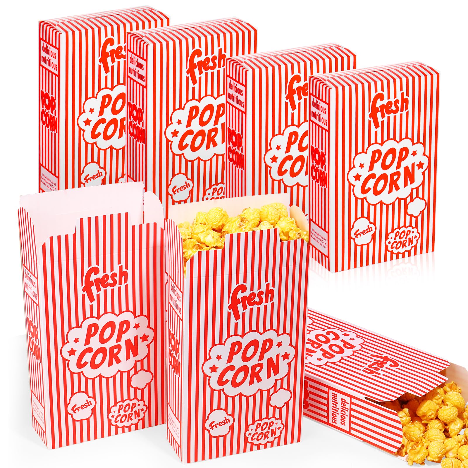 Dualshine 100 Pack Popcorn Boxes,1.25 oz Paper Popcorn Containers,Red and White Striped Close-Top Cardboard Pop Corners Bags Individual Servings for Theater Night Movie,Party,Christmas