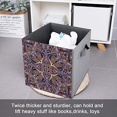 Ethnic Pattern Flower Foldable Storage Bins Printd Fabric Cube Baskets Boxes with Handles for Clothes Toys, 11x11x11