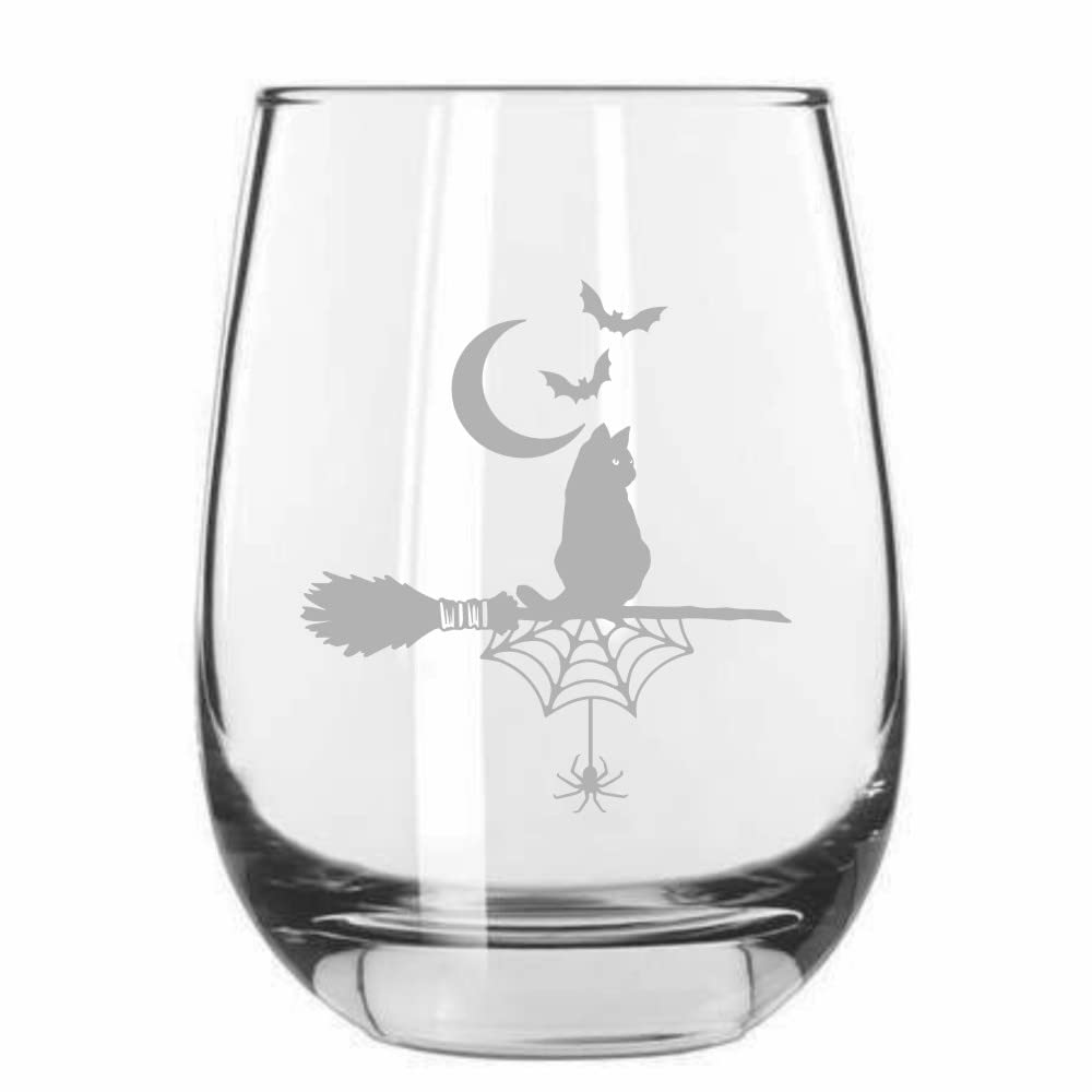 Cat on Broomstick Happy Halloween Etched 15.25oz Stemless Wine Glass