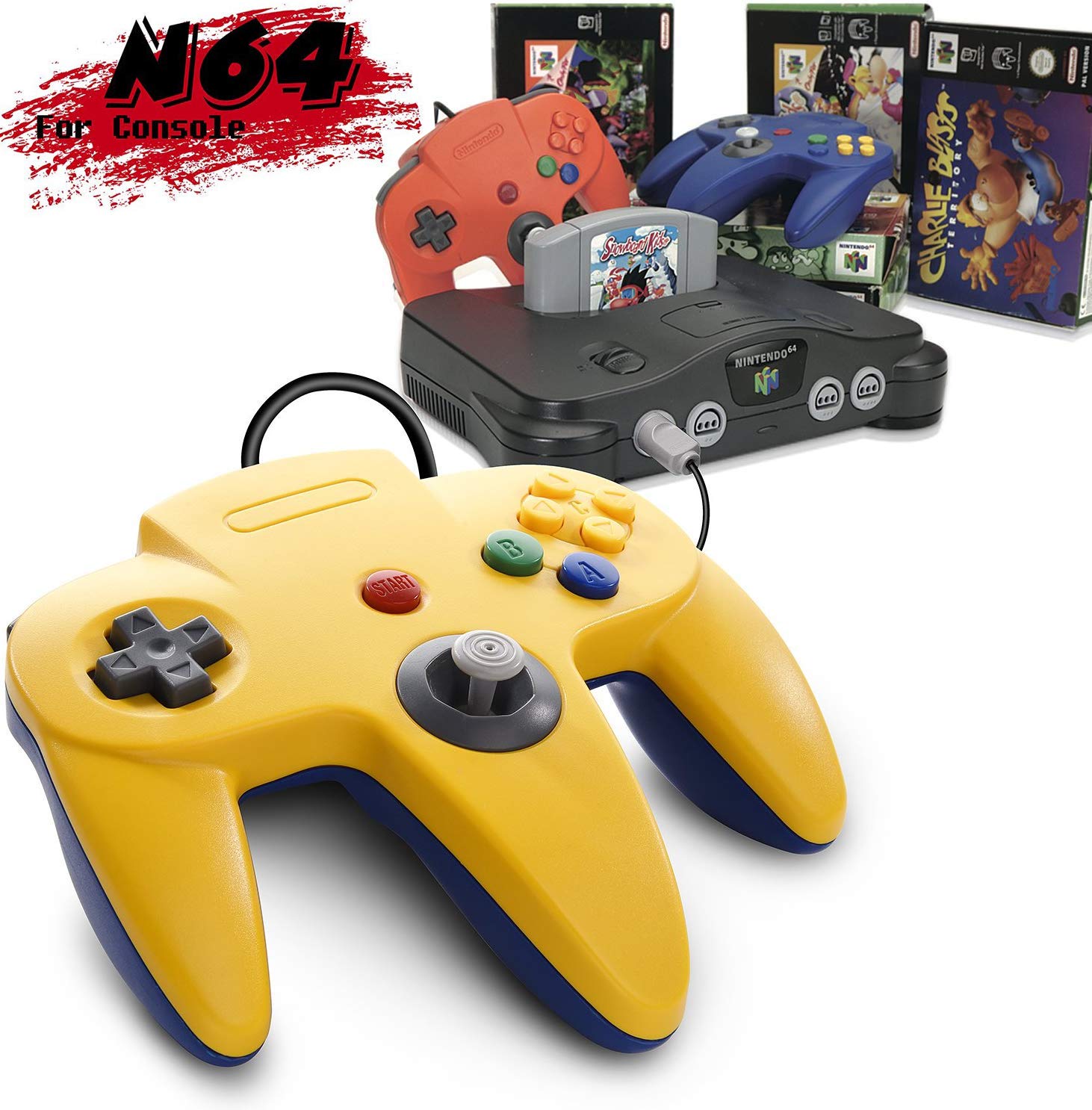 miadore 2-Pack Wired Classic 64 Controller Bundle with 2 Extension Cords [1.8m/6ft ] Compatible with N64 Video Game Console (Black and Yellow)