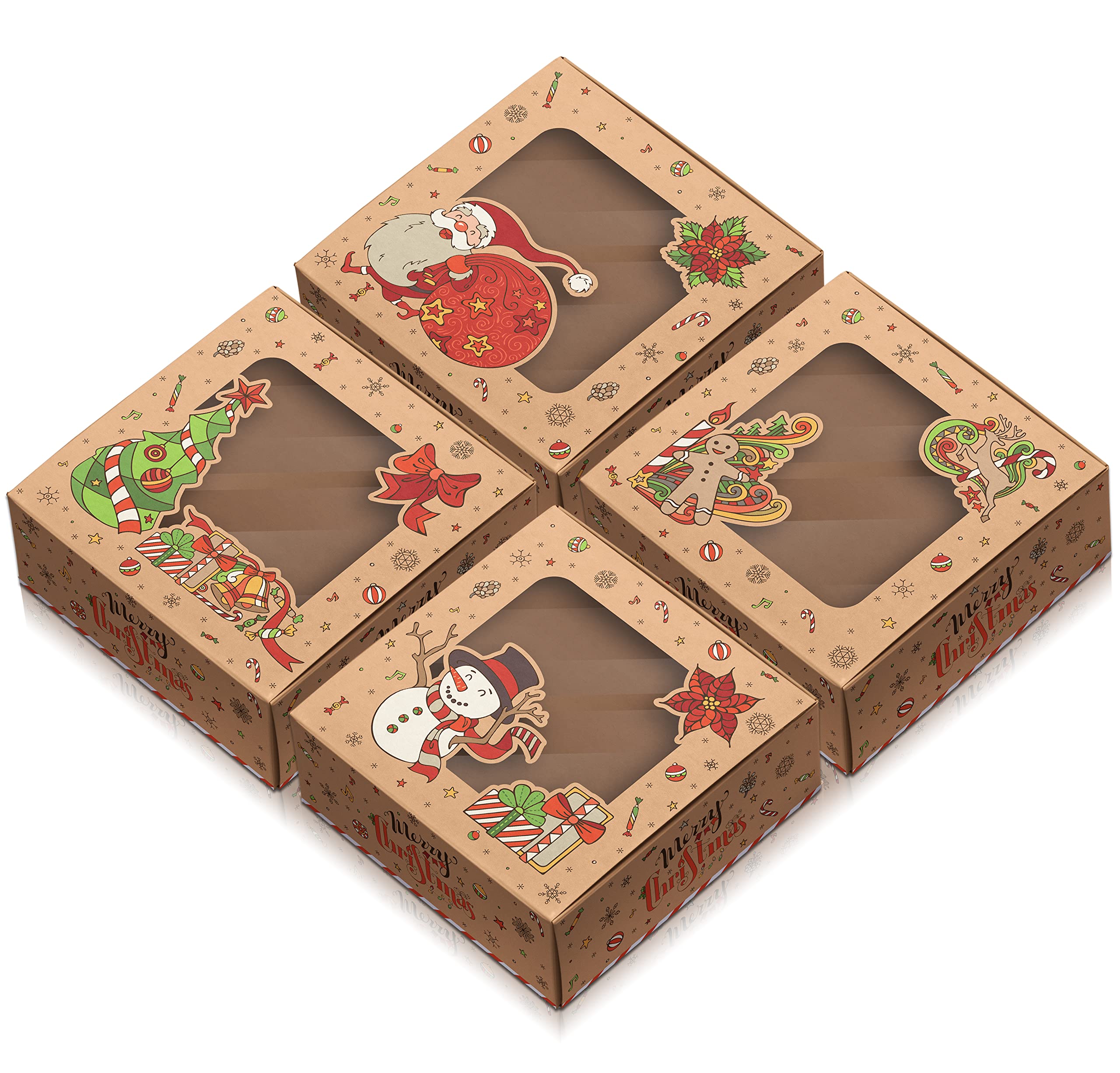 Christmas Cookie Boxes With Window and Lid, Bakery Christmas Treat Boxes, Candy and Cookie Boxes for Gift Giving - Food Packaging Containers (Santa, Christmas Tree, Gingerbread Man & Snowman)