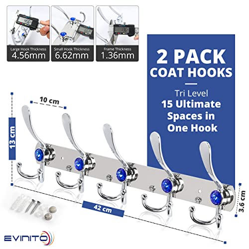 EVINITO Coat Rack Wall Mount - Pack of 2 Wall Hooks for Hanging - Heavy-Duty Coat Hooks Wall Mounted for Coats, Hats, and Jackets - Ideal Coat Hangers for Wall