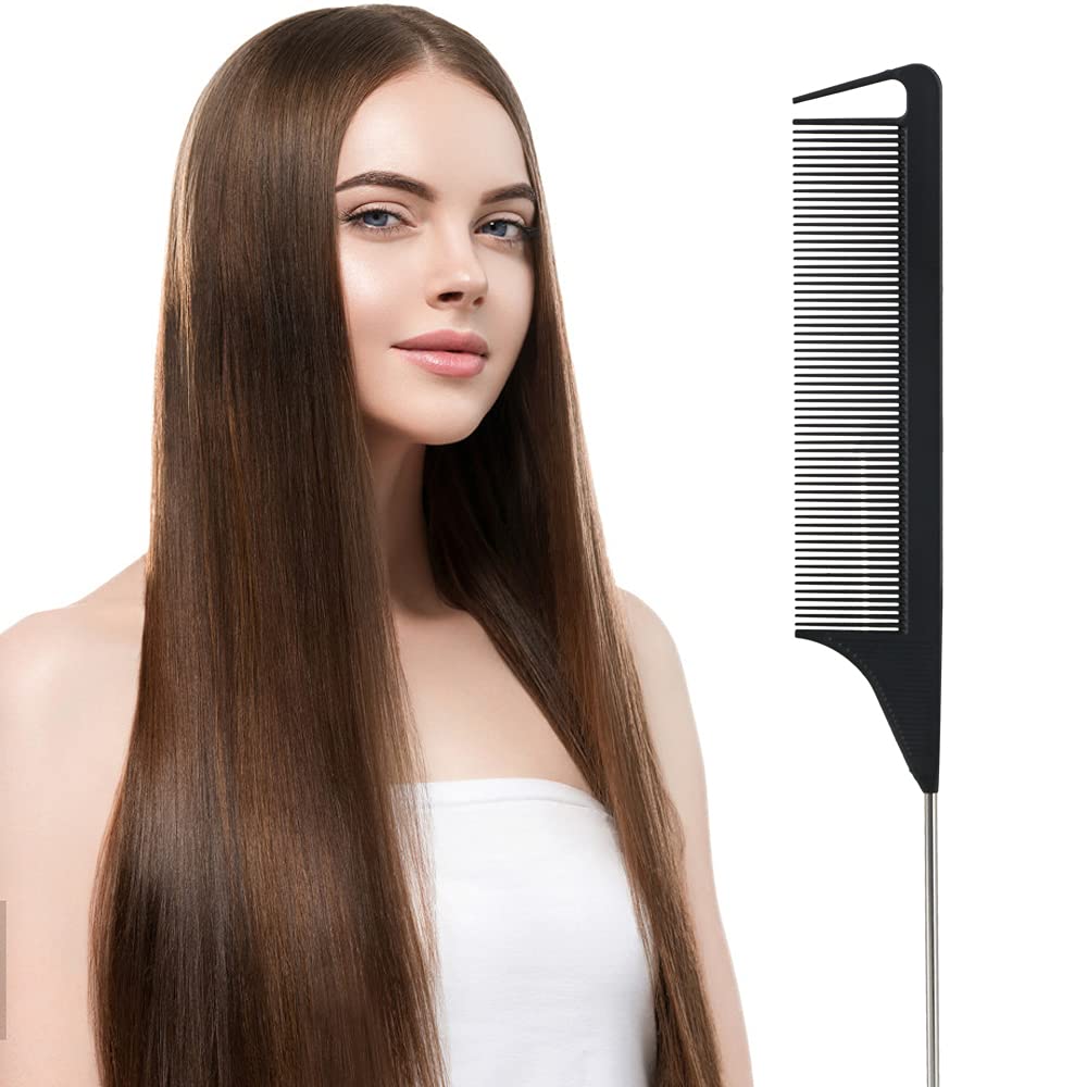 Carbon-Stainless Pintail Resistant Teasing-Parting Styling-Combs - Metal Slim Wire Tail Comb, Rat tail Lift Comb, with Non-skid Paddle for Women hair Parting Backcombing