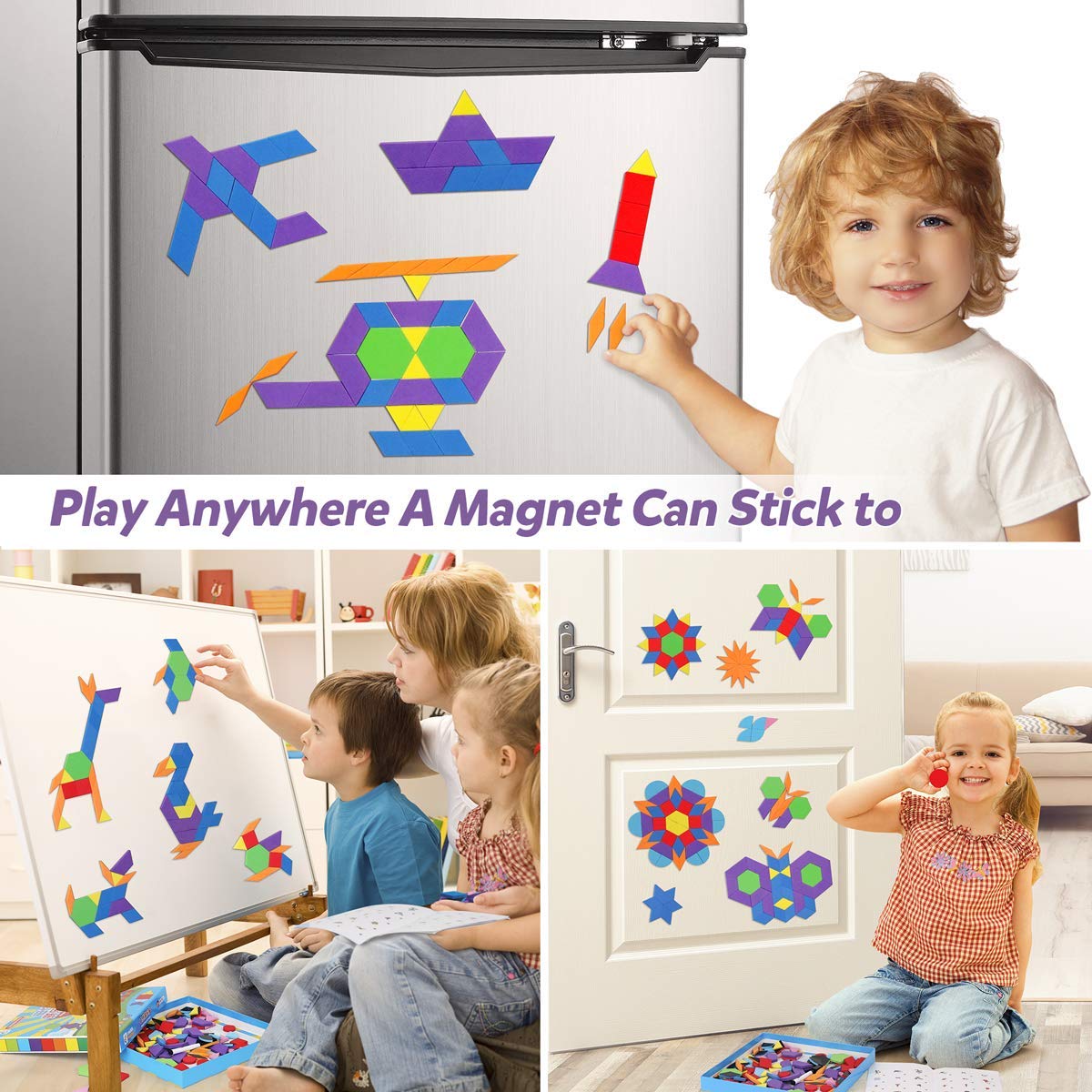 Vanmor 216PCS Magnetic Pattern Blocks Set Complete with 298 Pattern Book & Magnet Board, Magnetic Shapes for Kids, Educational Montessori Tangram Toy for Children Aged 3-8
