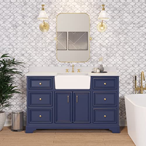 Kitchen Bath Collection Zelda 60-inch Single Farmhouse Vanity (Quartz/Royal Blue): Includes Royal Blue Cabinet with Stunning Quartz Countertop and White Ceramic Farmhouse Apron Sink