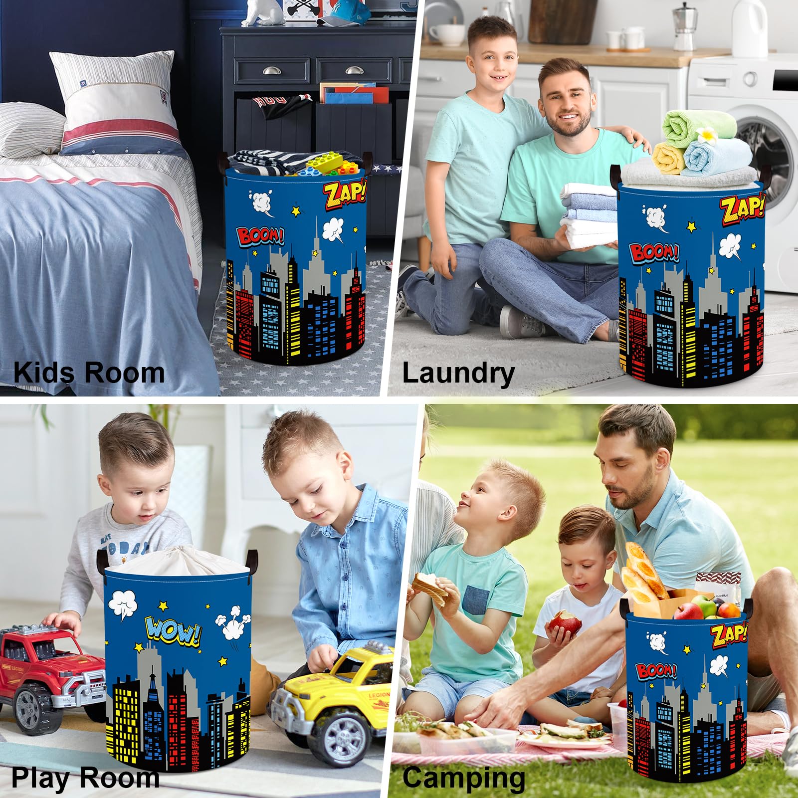 Clastyle 45L Large Blue City Hero Skyline Kid Laundry Hamper with Handle Comic Hero Building Silhouettes Clothes Toy Boys Basket with Lid for Nursery