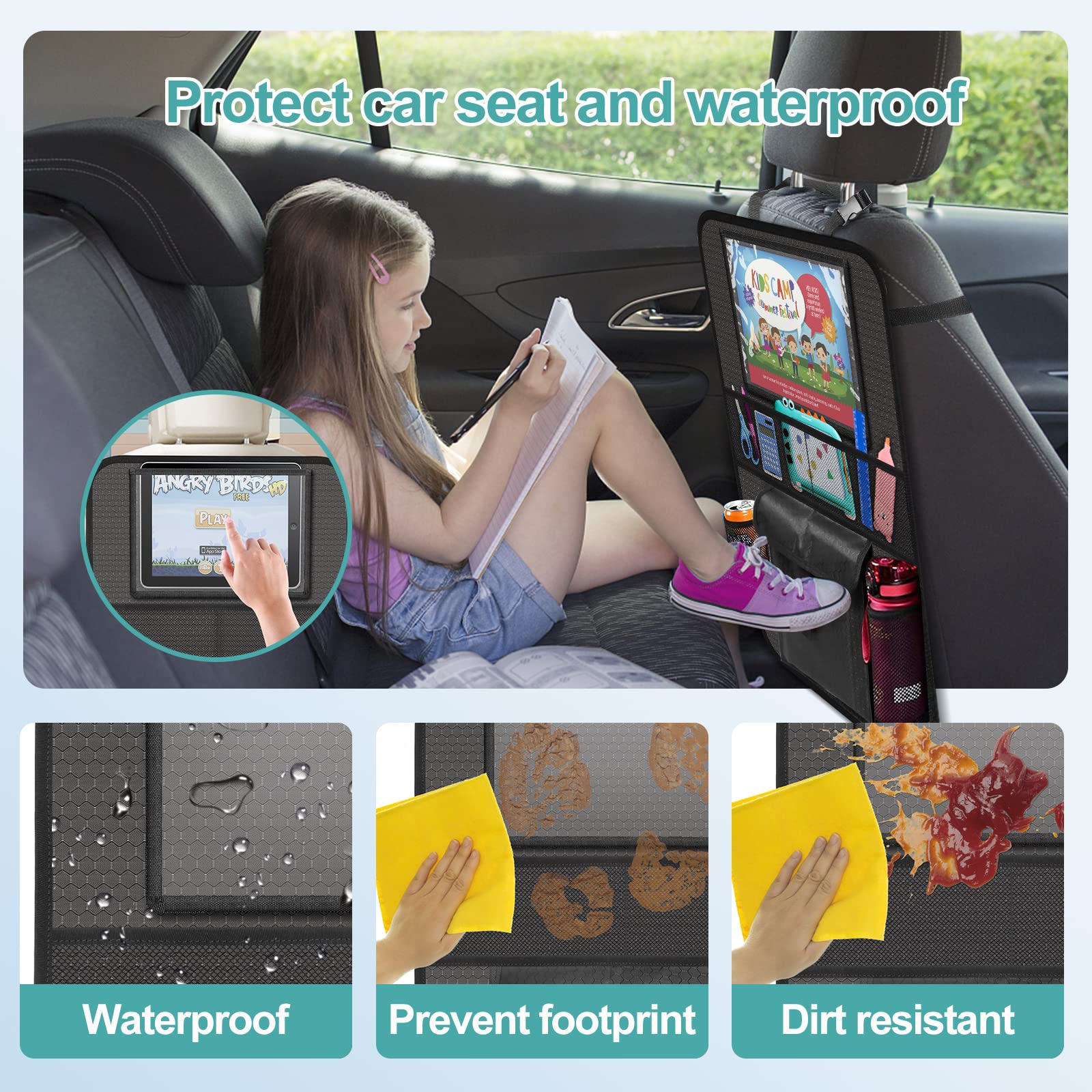 Ecurfu Backseat Car Organizer, Back Seat Protectors Kick Mats, Car Storage Bag with iPad Tablet Holder + 6 Storage Pockets for Kids Toddlers, Travel Accessories