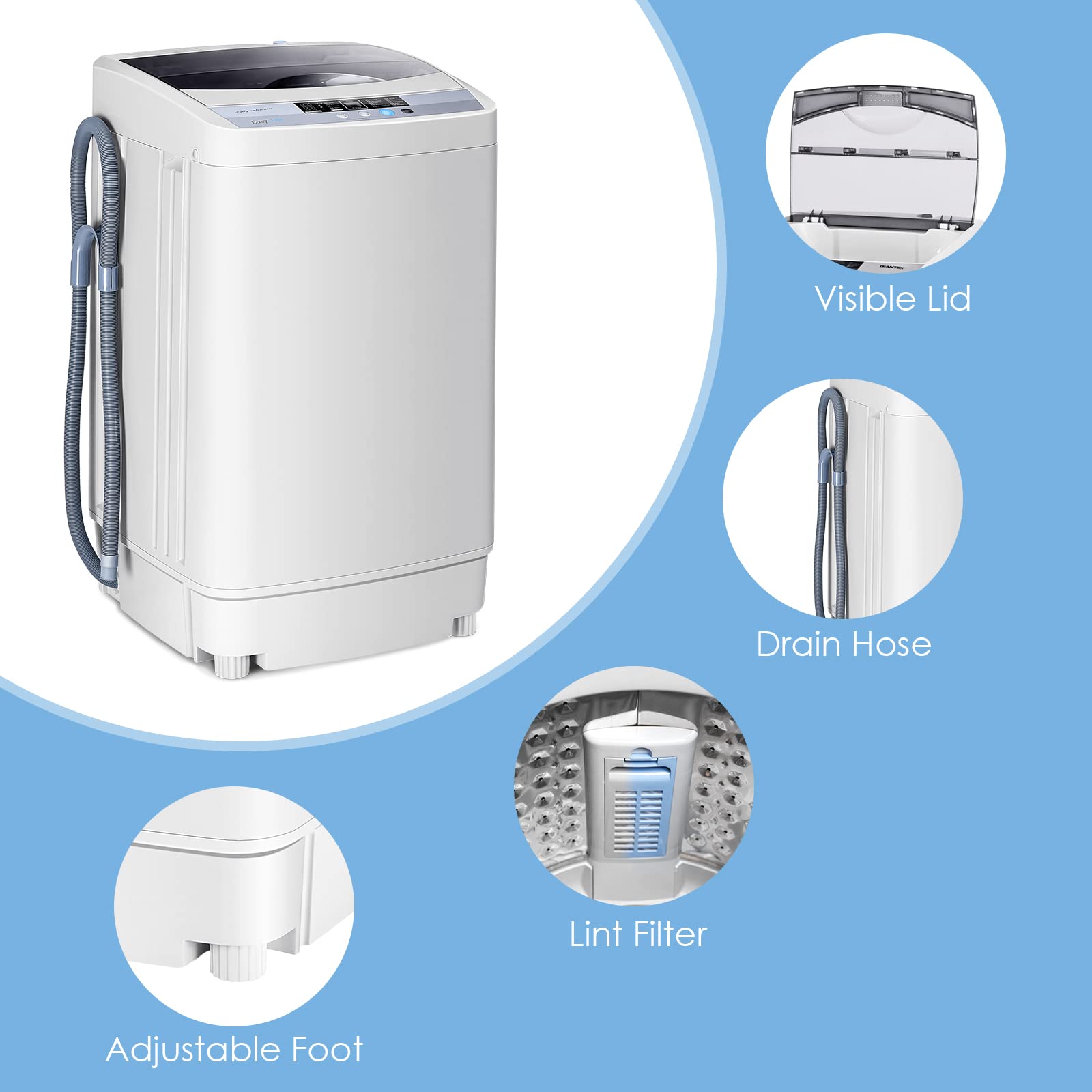 Casart Washing Machine Portable Compact 9.92lbs Capacity Full-Automatic W/Drain Pump,10 programs 8 Water Level 1.34 Cu.ft Cloth Washer and Spinner