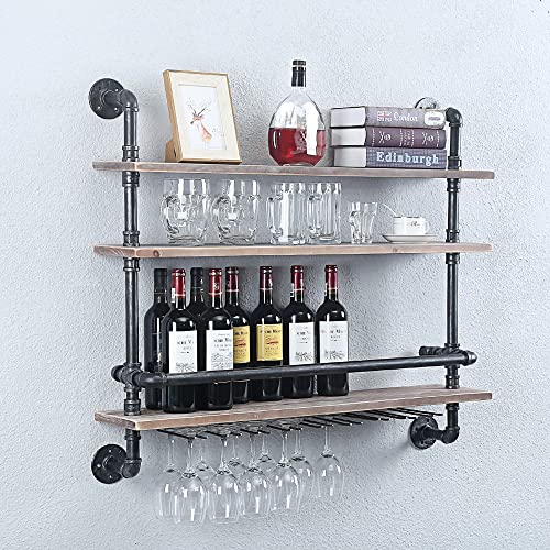 Industrial Pipe Shelf Wine Rack Wall Mounted with 9 Stem Glass Holder,3-Tiers Rustic Floating Bar Shelves Wine Shelf,36in Real Wood Shelves Wall Shelf Unit,Steam Punk Pipe Shelving Wine Glass Rack