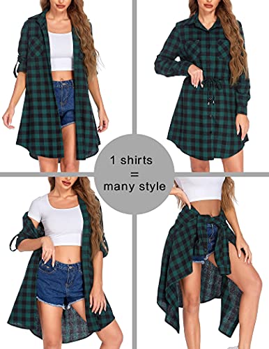 HOTOUCH Boyfriend Style Shirts Oversized Flannel Long Plaid Tops Tunics Green-Black Large