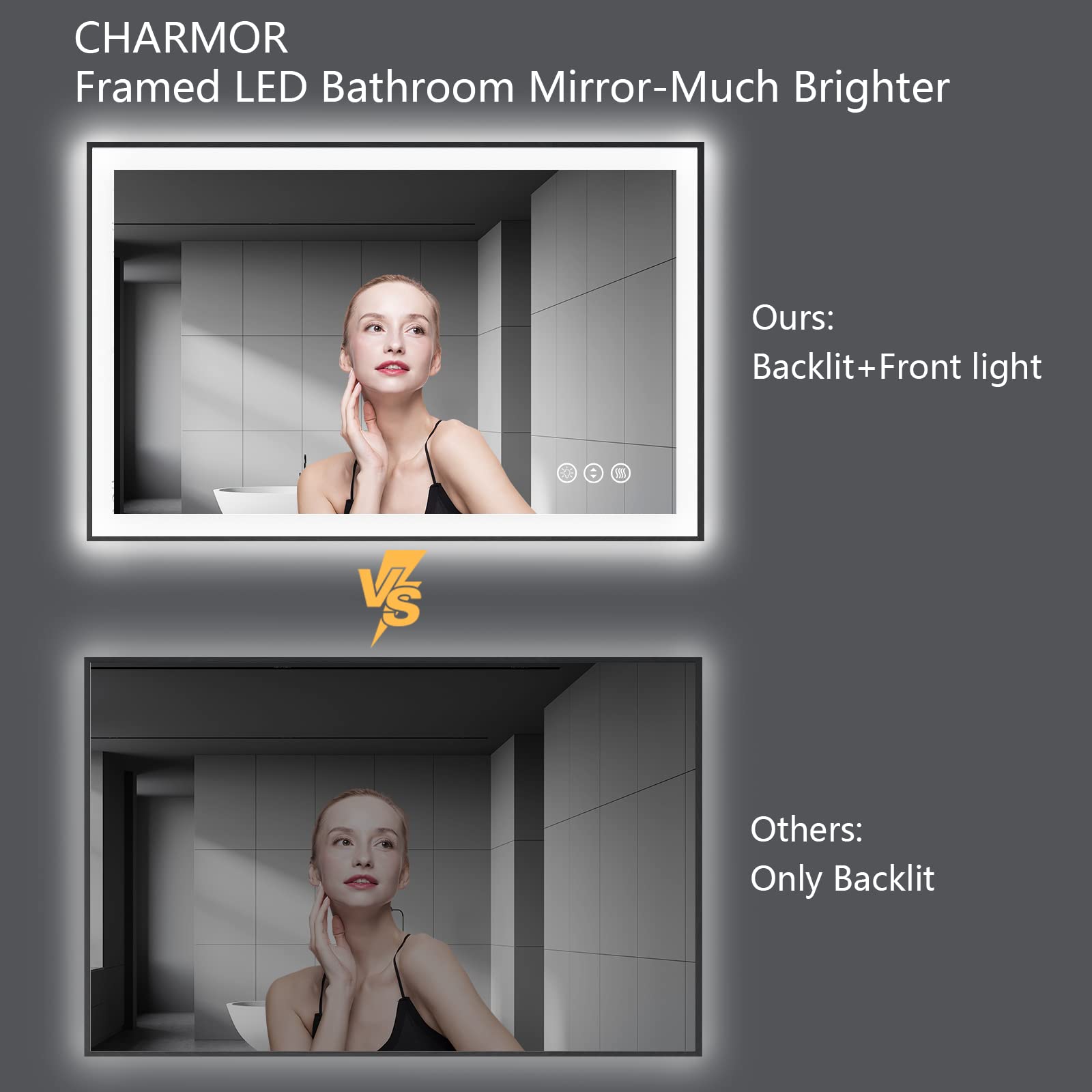 CHARMOR 60x28 LED Mirror for Bathroom, Large Framed Lighted Mirror for Wall, Dimmable, Anti-Fog (Backlit and Front Lighted)